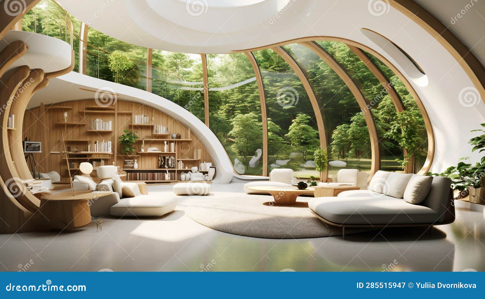 Modern Room in House Surrounded with Forest. Large Windows, Organic ...