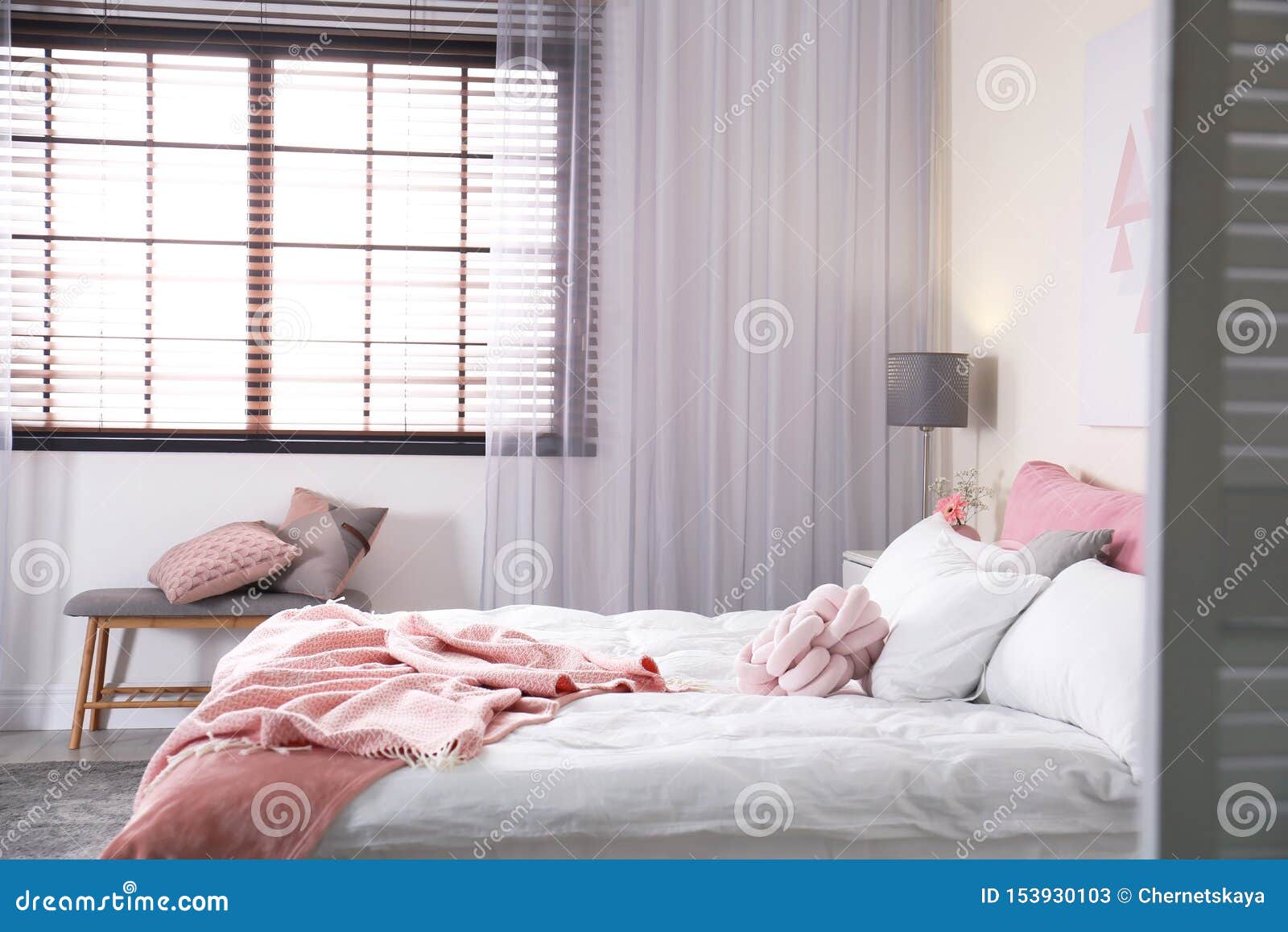 Modern Room Interior with Double Bed and Window Blinds Stock Image ...