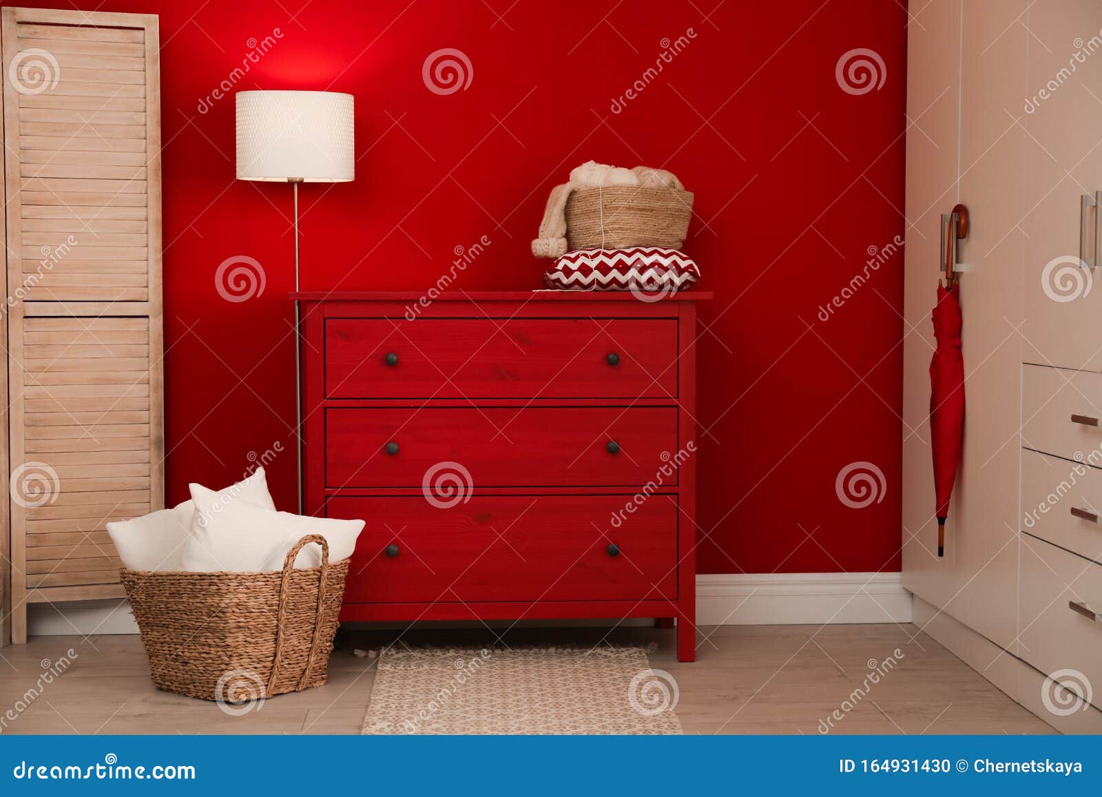 Modern Room with Red Chest of Drawers Stock Photo - Image of domestic ...