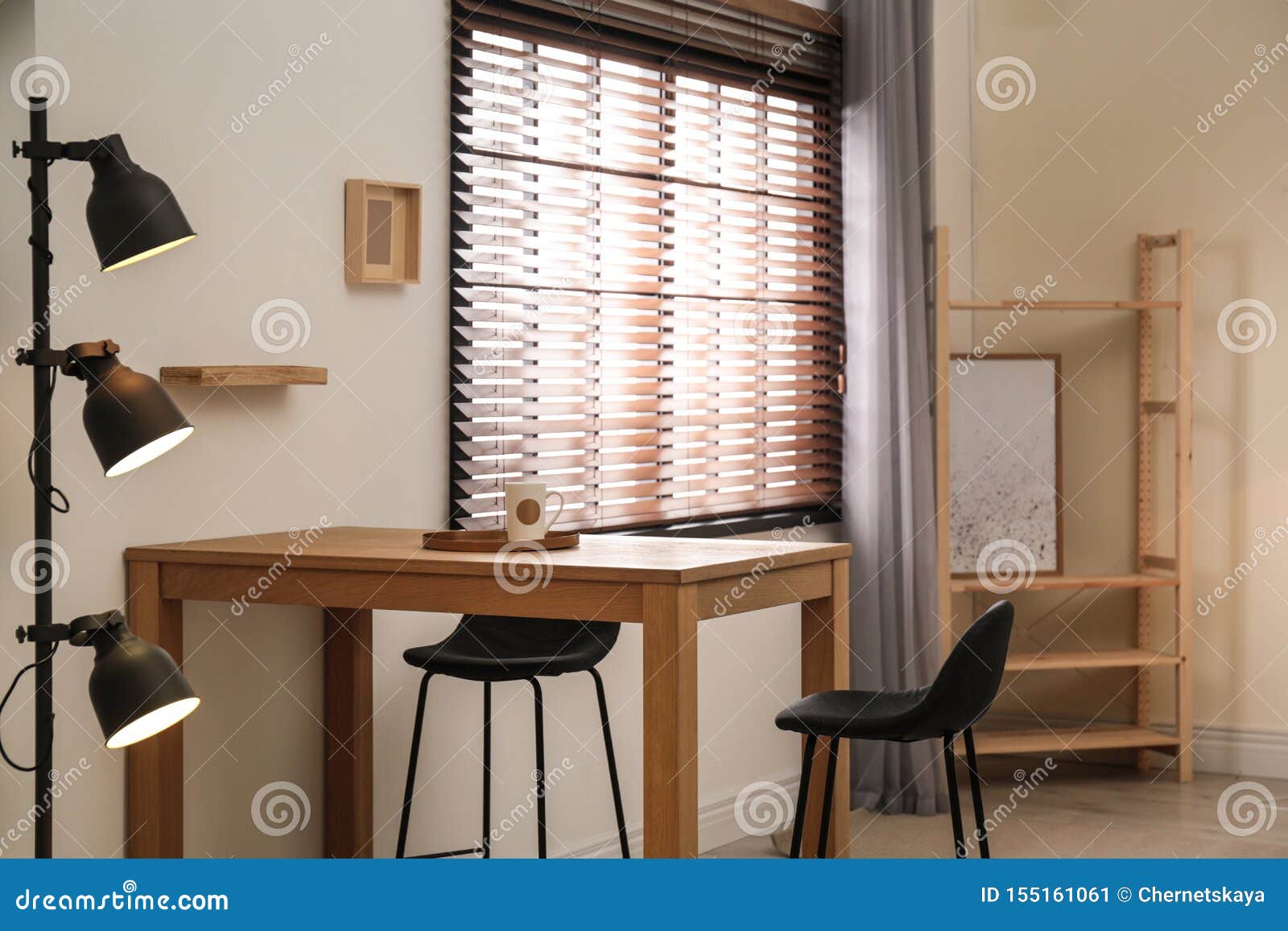Modern Room Interior with Table Set, Blinds and Stylish Decor Elements ...