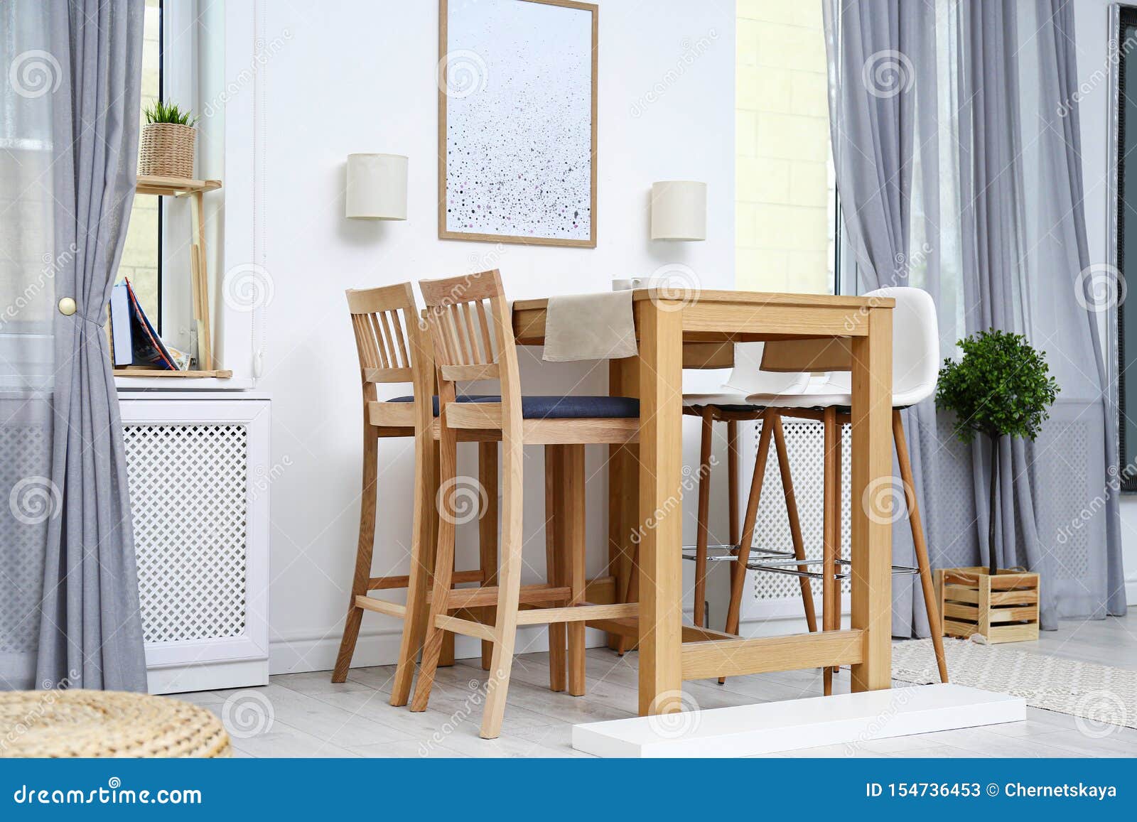 Modern Room Interior with Wooden Table Stock Image - Image of lamp ...