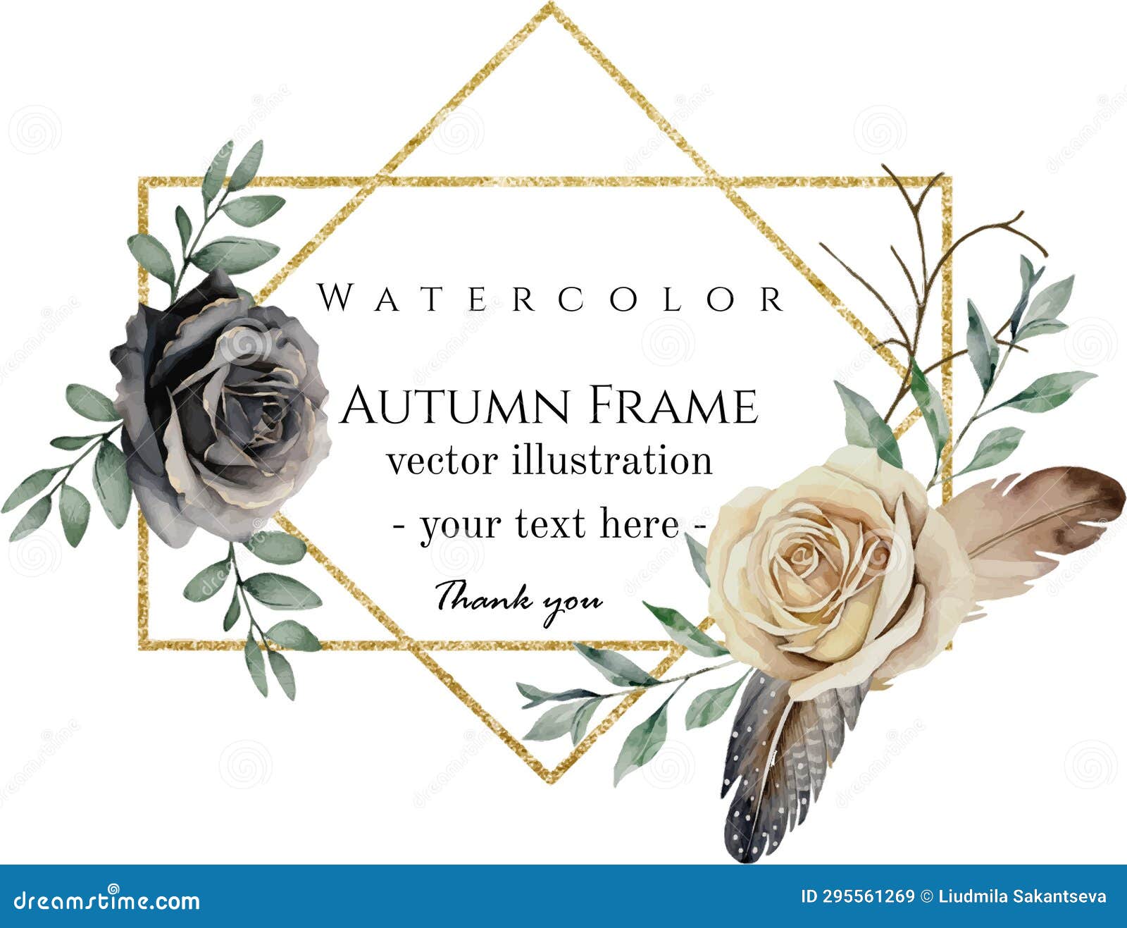 Modern Roses and Feathers Floral Frame and Gold Borders in Rhombus and ...