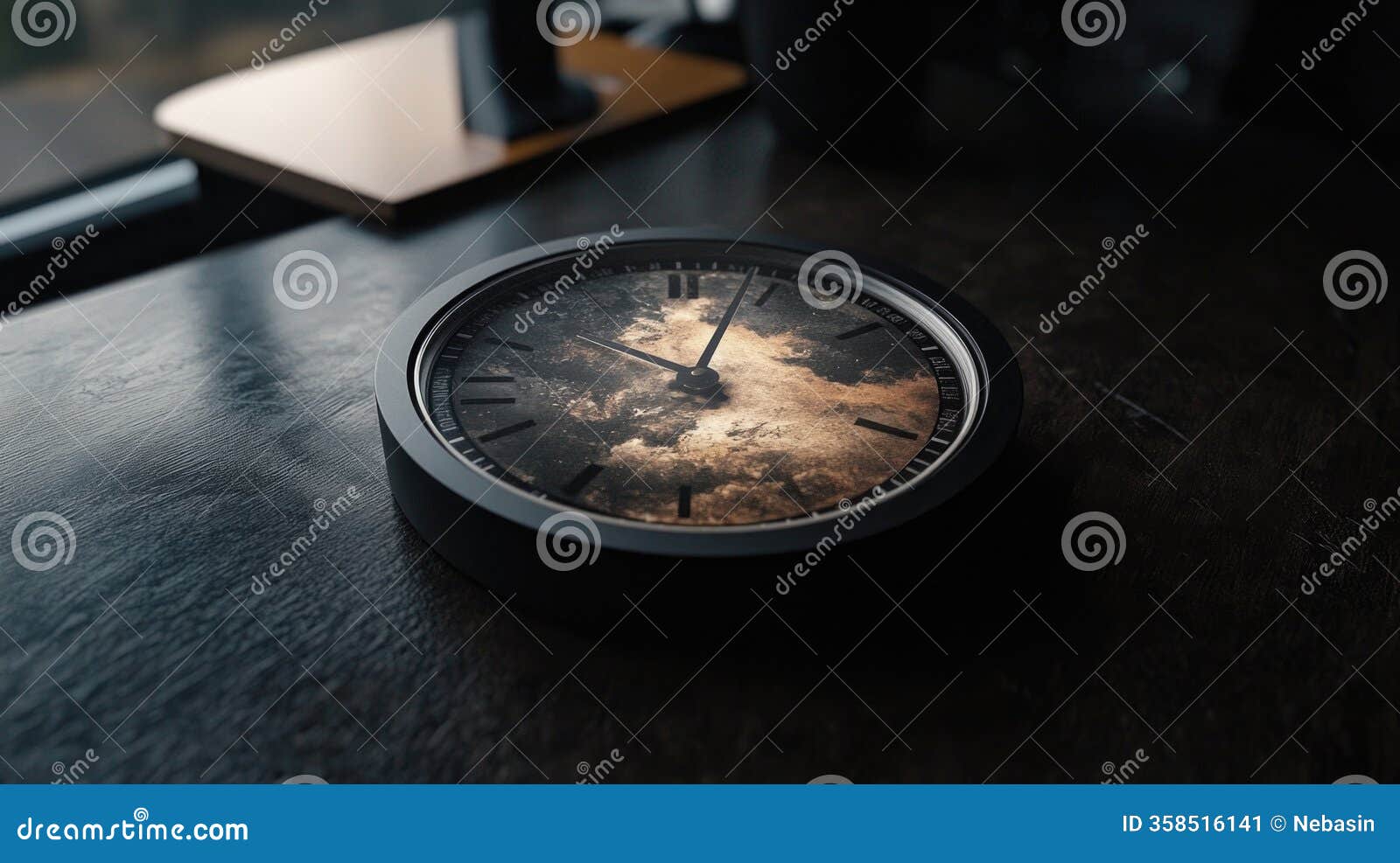 Modern Round Analog Clock on Dark Surface with Natural Light Reflection ...