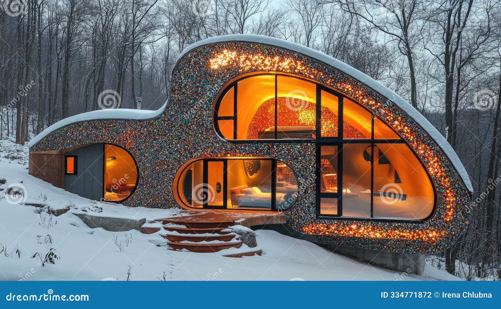 Modern Rounded Pebbles House Covered by Snow in the Middle of Forest ...