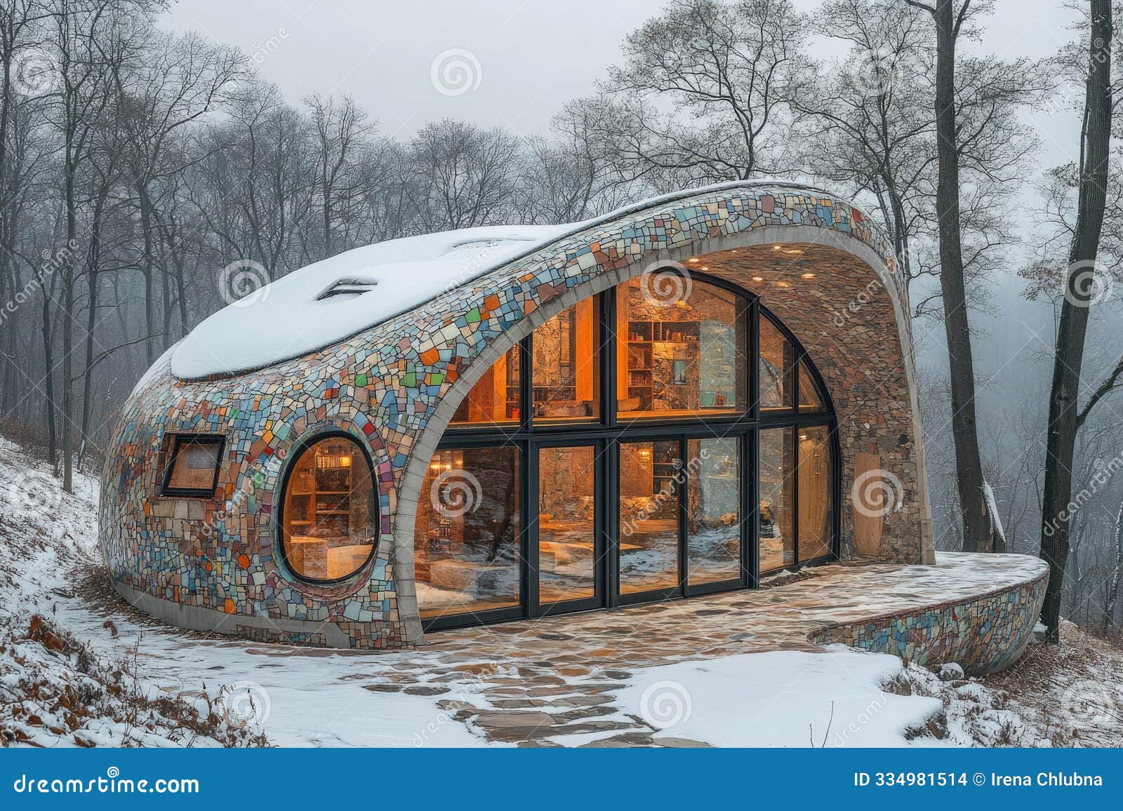 Modern Rounded Pebbles House Covered by Snow in the Middle of Forest ...