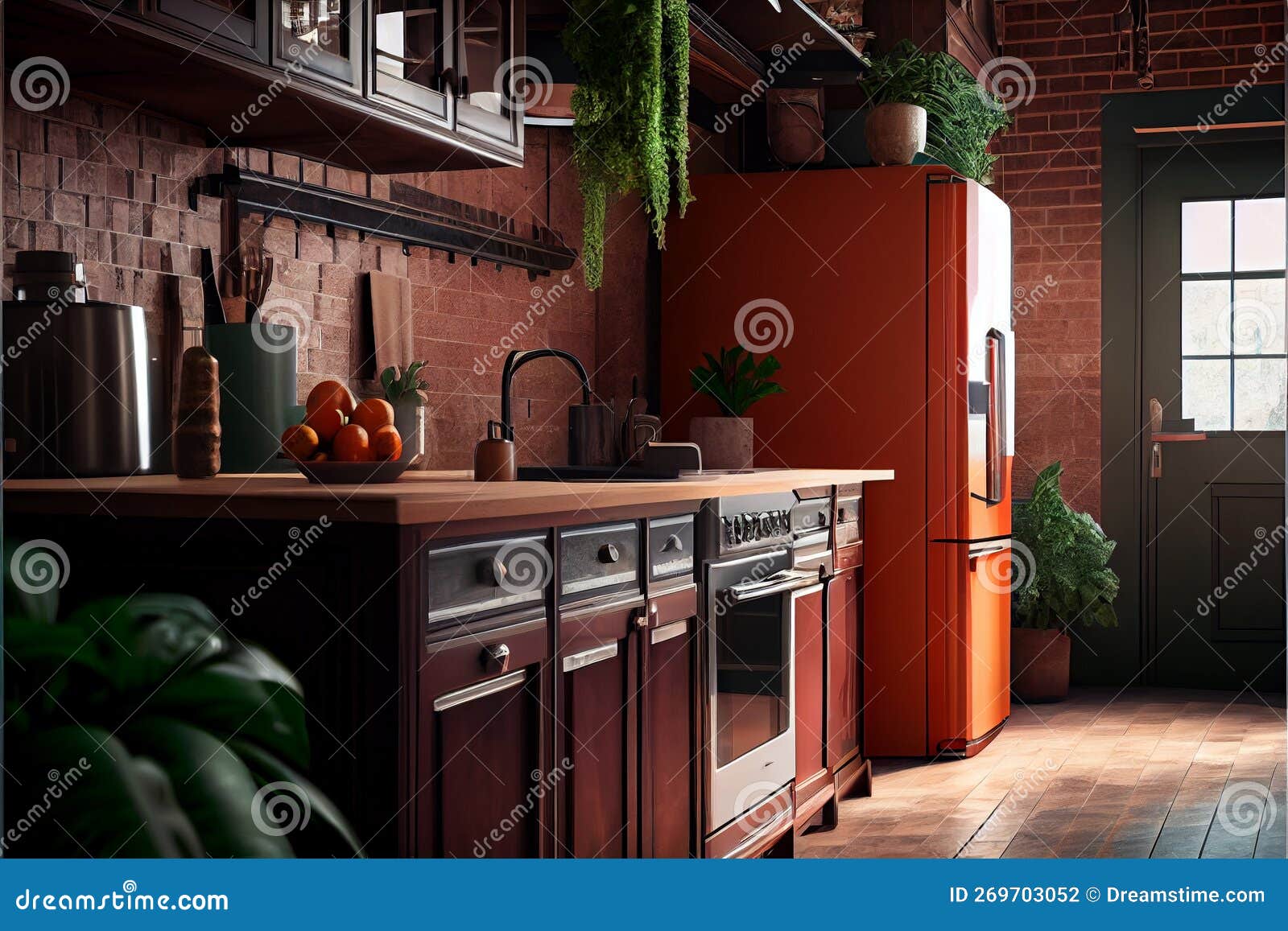 Modern Rust Coloured Kitchen Interior Design with the Hardwood Floors ...