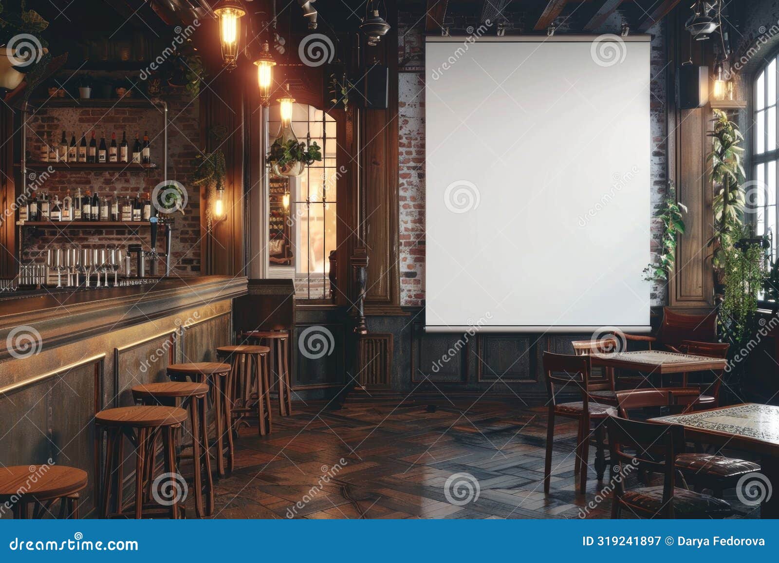 Modern Rustic Bar Interior with Blank White Projector Screen Stock ...
