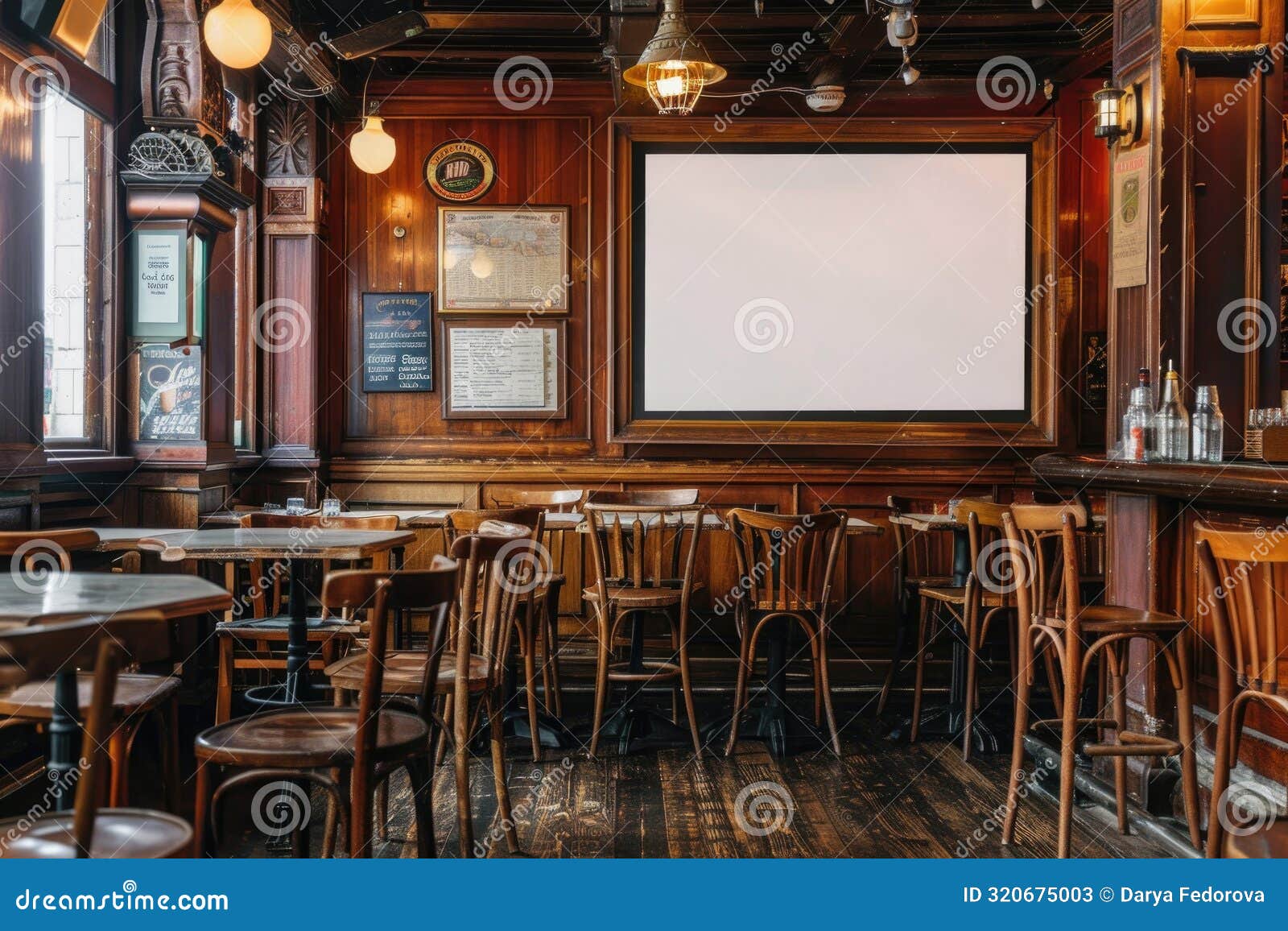 Modern Rustic Bar Interior with Blank White Projector Screen Stock ...