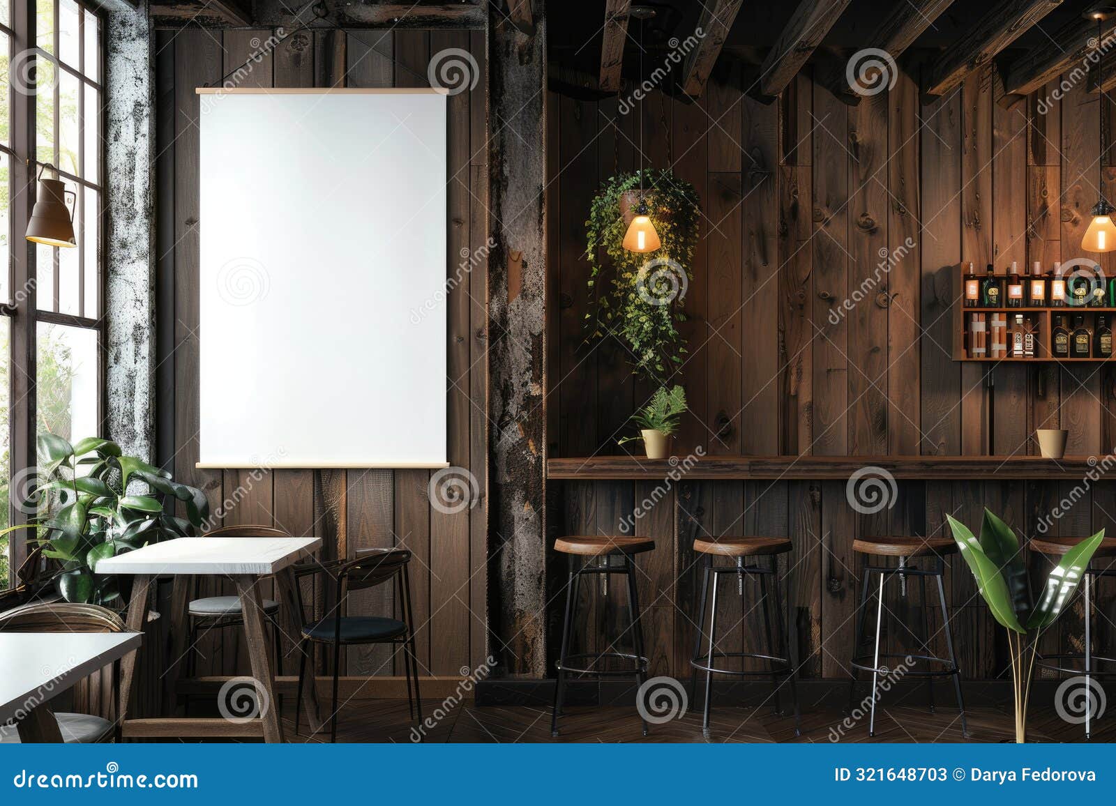 Modern Rustic Bar Interior with Blank White Projector Screen Stock ...