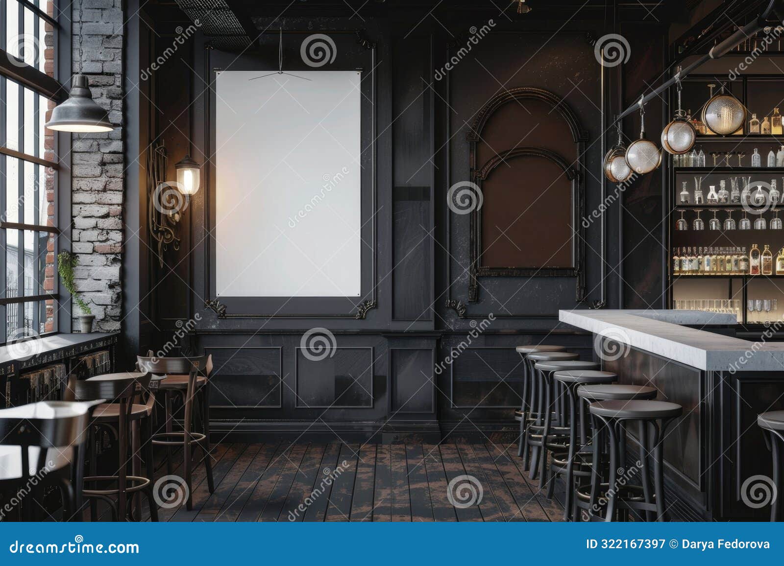 Modern Rustic Bar Interior with Blank White Projector Screen Stock ...