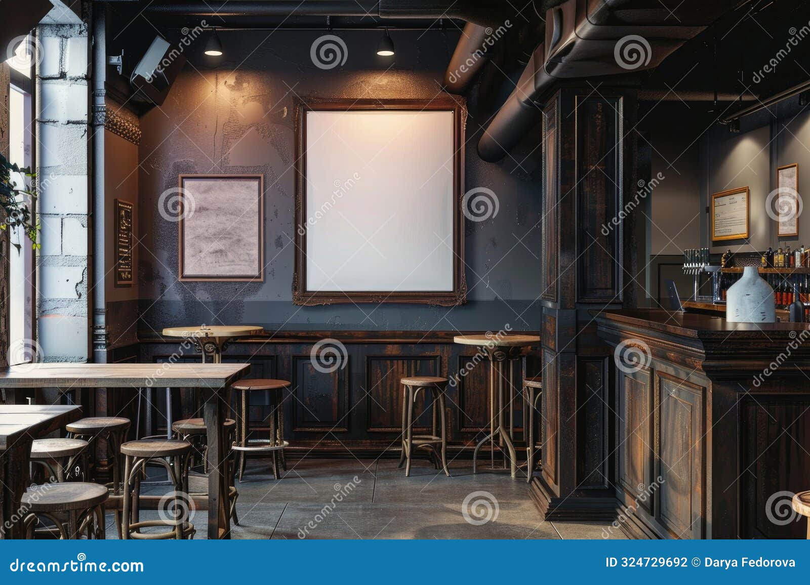 Modern Rustic Bar Interior with Blank White Projector Screen Stock ...