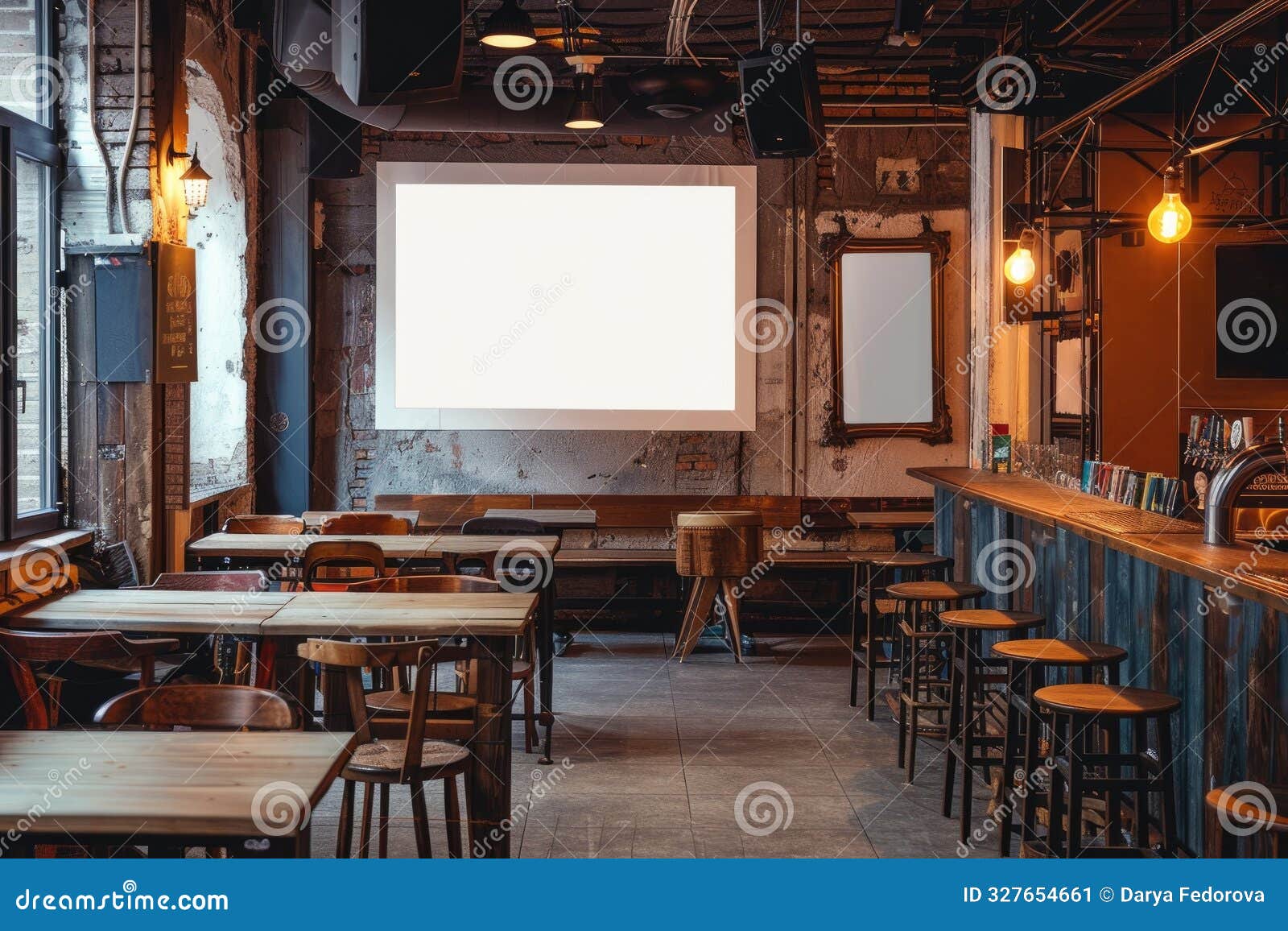 Modern Rustic Bar Interior with Blank White Projector Screen Stock ...