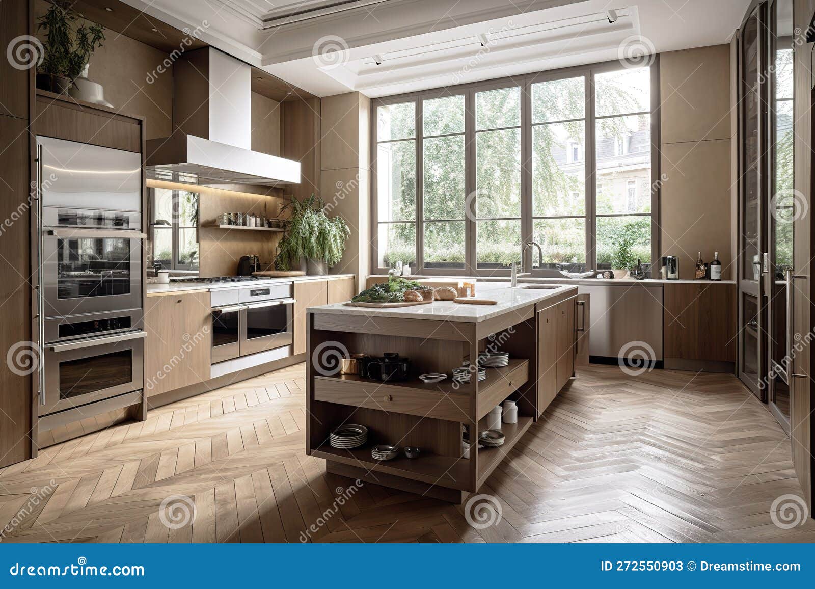 Modern Rustic Kitchen with Island Structure and Big Windows Stock ...