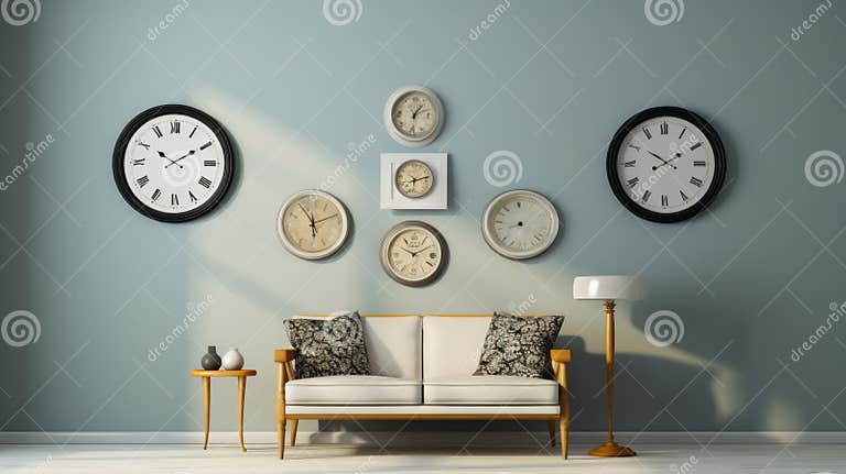 Modern Rustic Living Room with Clocks on Wall Stock Illustration ...