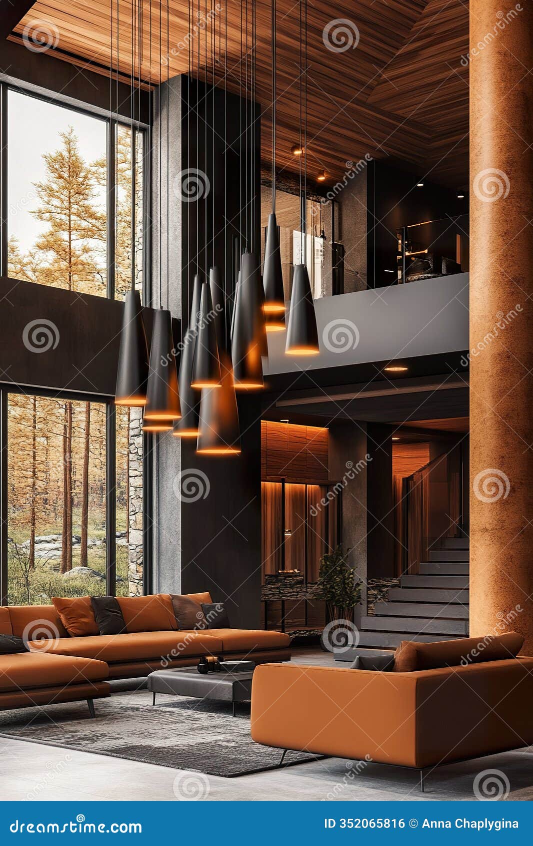 Modern Rustic Living Room with High Ceilings and Dramatic Lighting ...