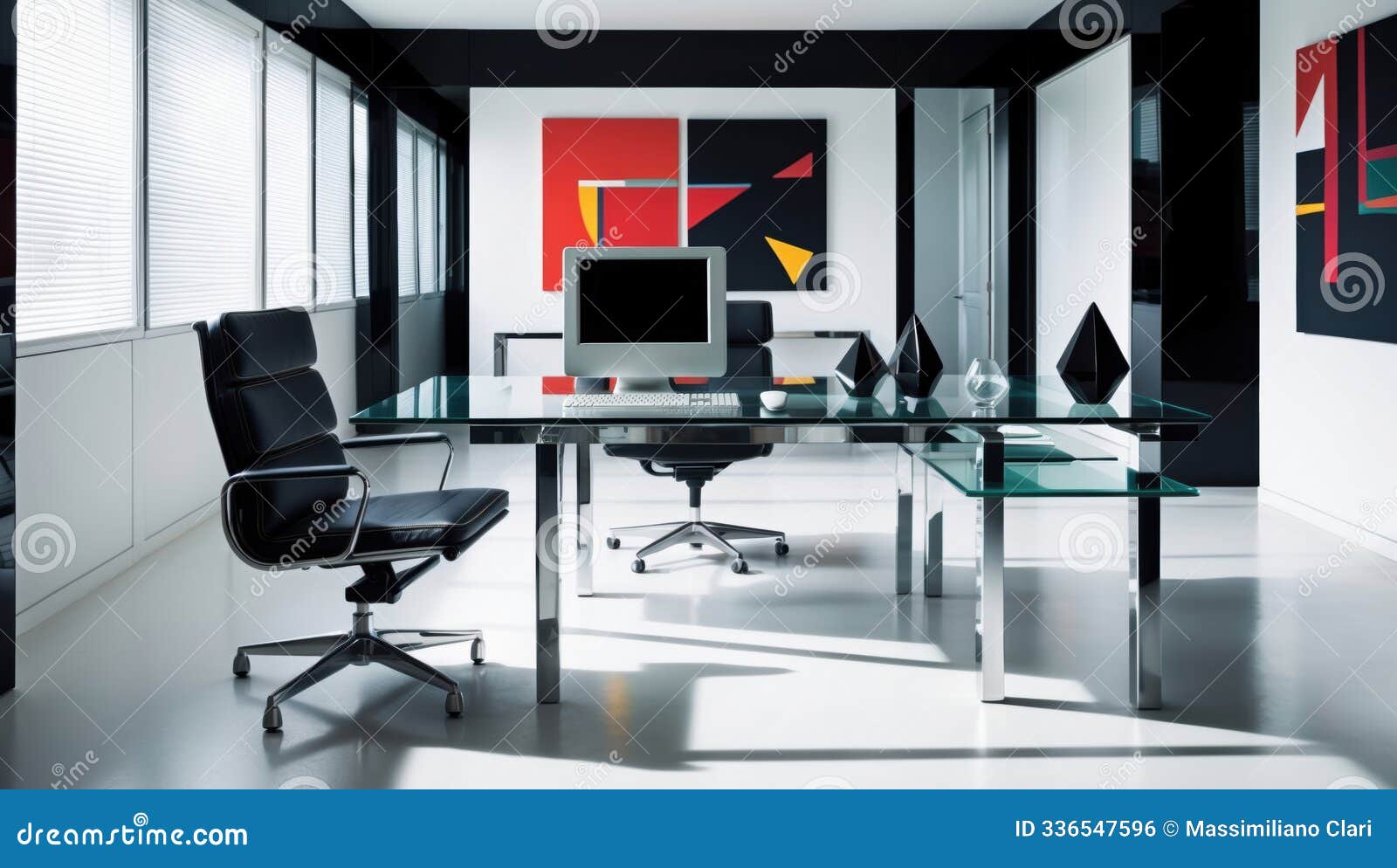 Modern 80s Office Interior with Computer Showing Empty Screen on Desk ...