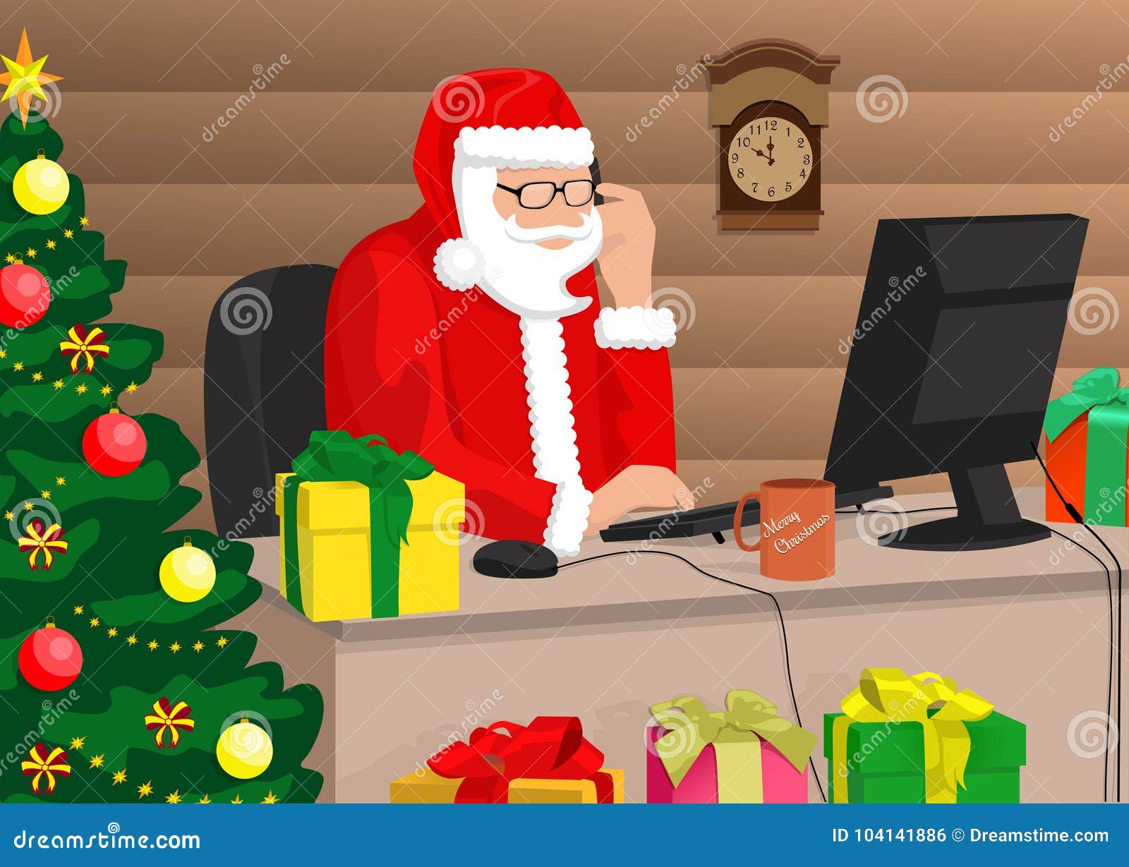 Modern Santa Claus is Working at the Computer Stock Vector ...
