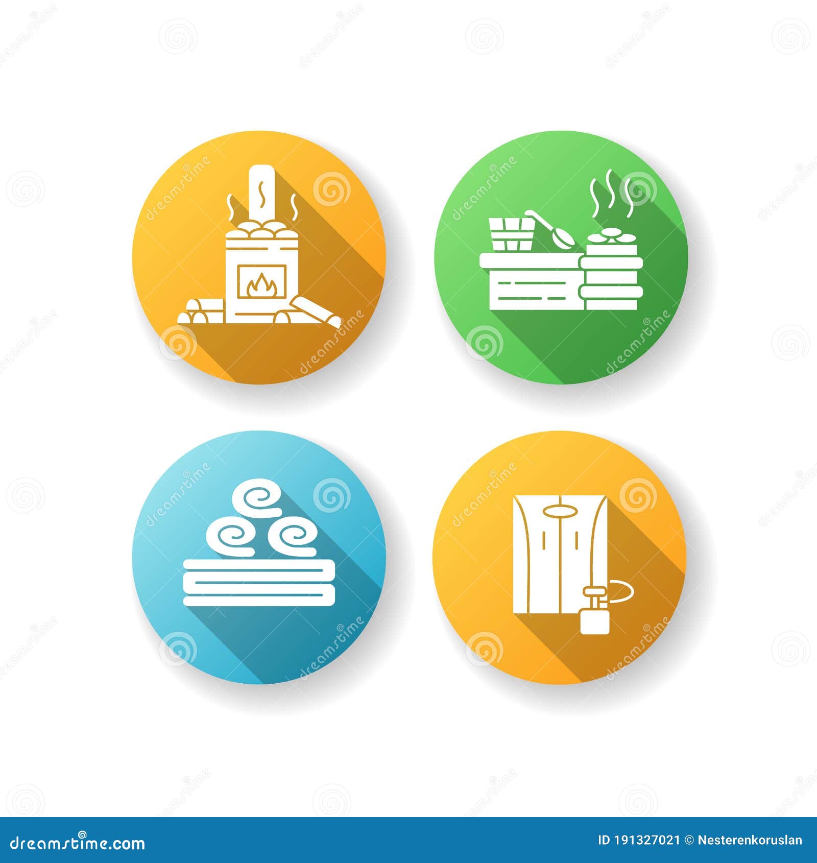Modern Saunas Flat Design Long Shadow Glyph Icons Set Stock Vector
