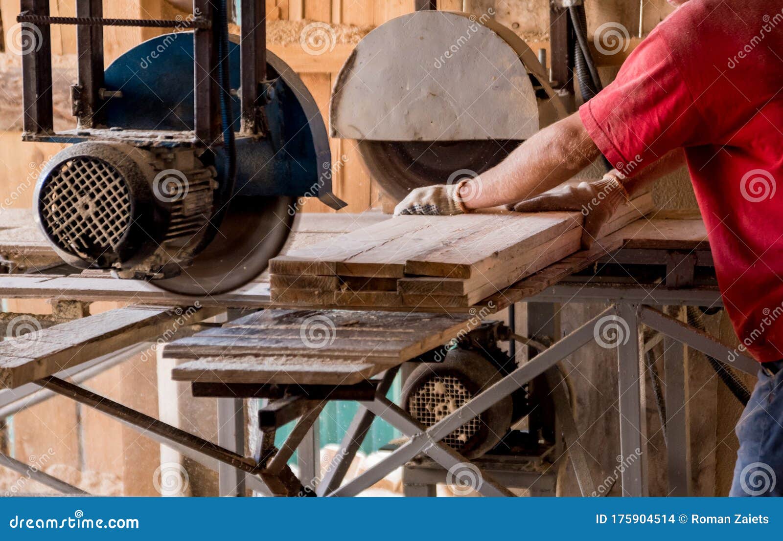 Modern Sawmill. a Carpenter Works on Woodworking the Machine Tool Stock ...