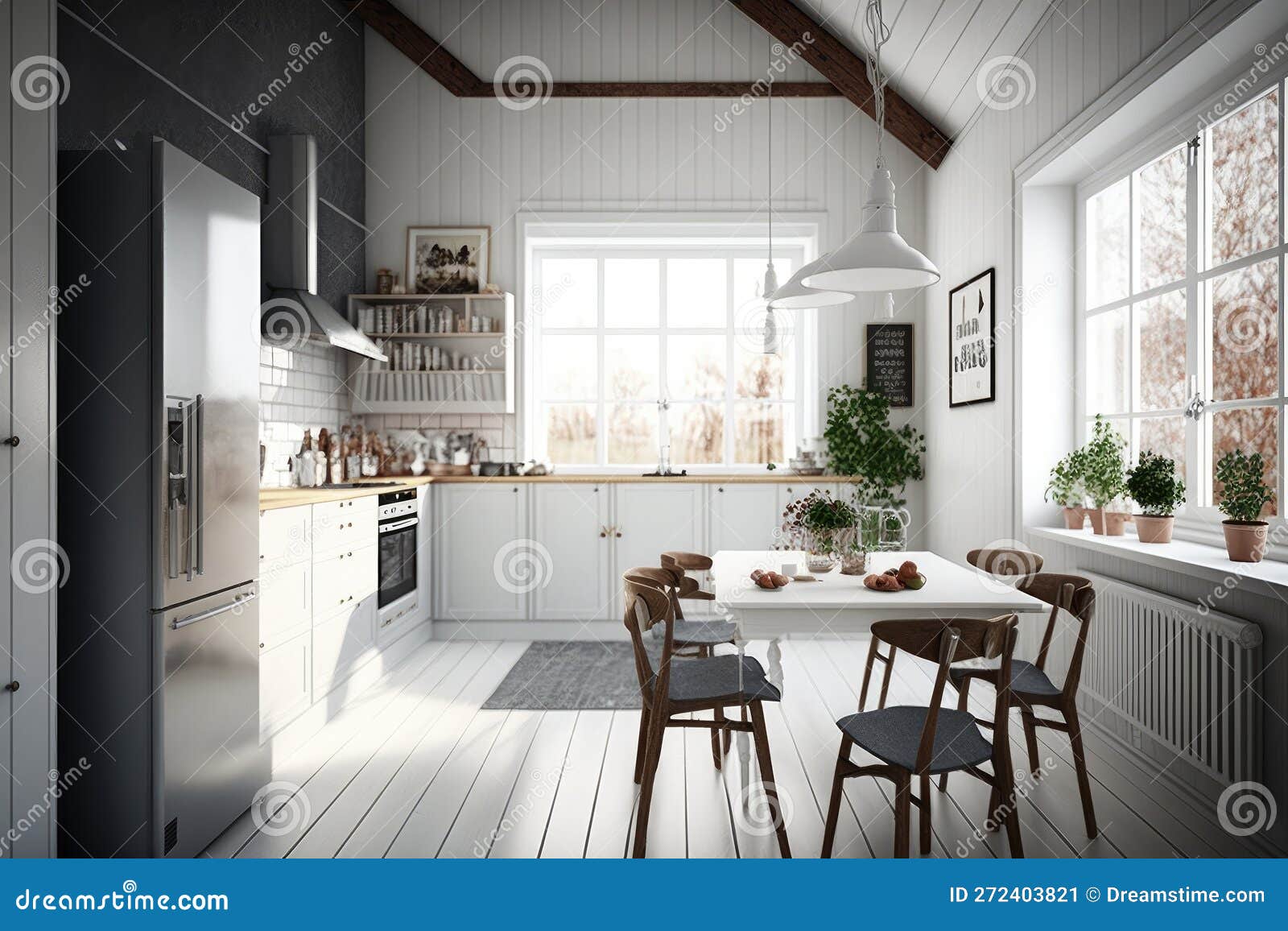 Modern Scandinavian Kitchen and Dining Room Generative AI Stock ...