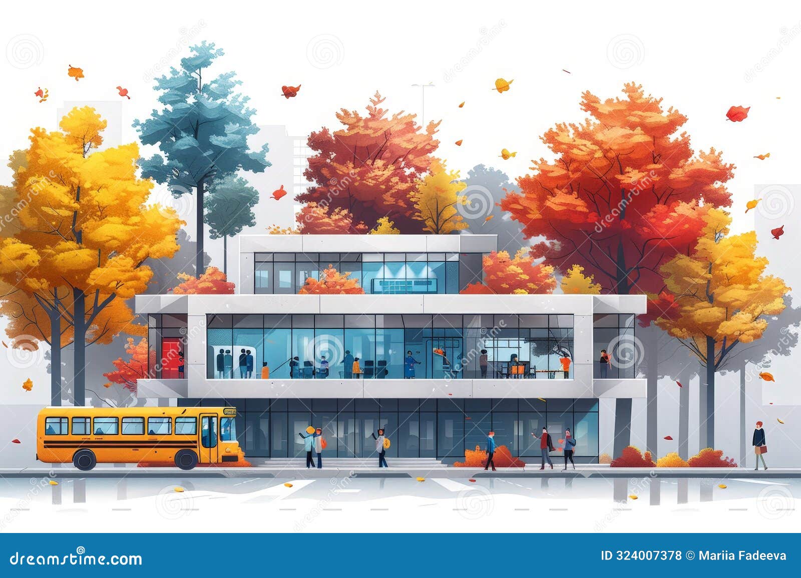 Modern School Building Surrounded by Autumn Trees, Capturing the ...