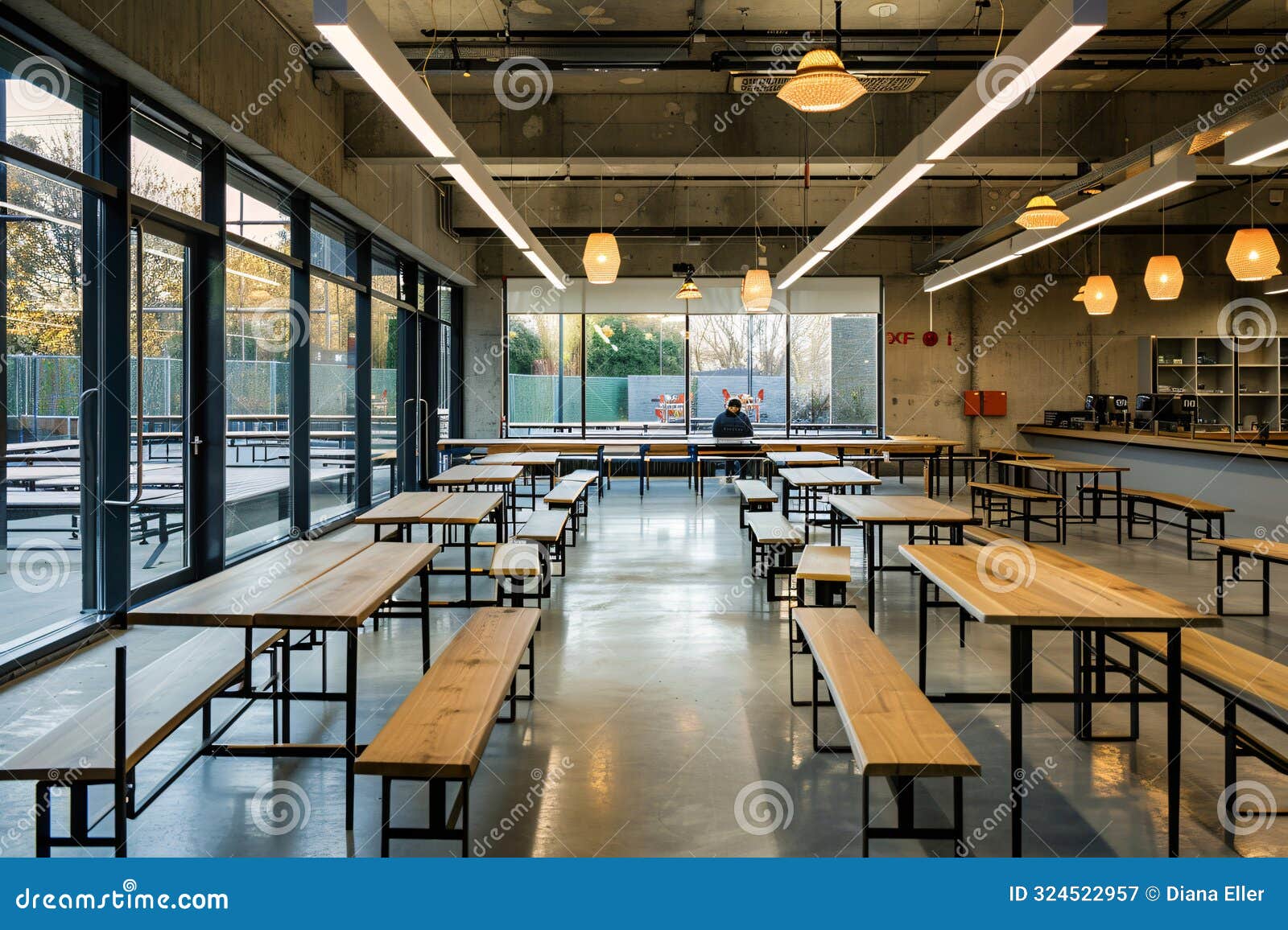 Modern School Canteen with Tables and Chairs Stock Illustration - Illustration of furniture ...