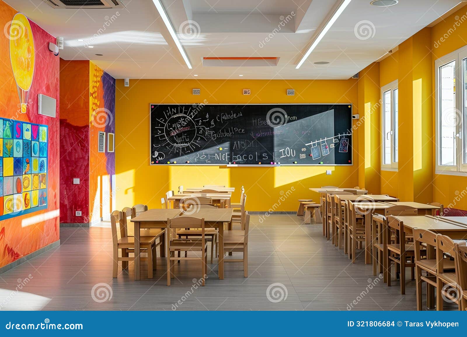 Modern School Classroom in Yellow Tones Stock Photo - Image of academic ...