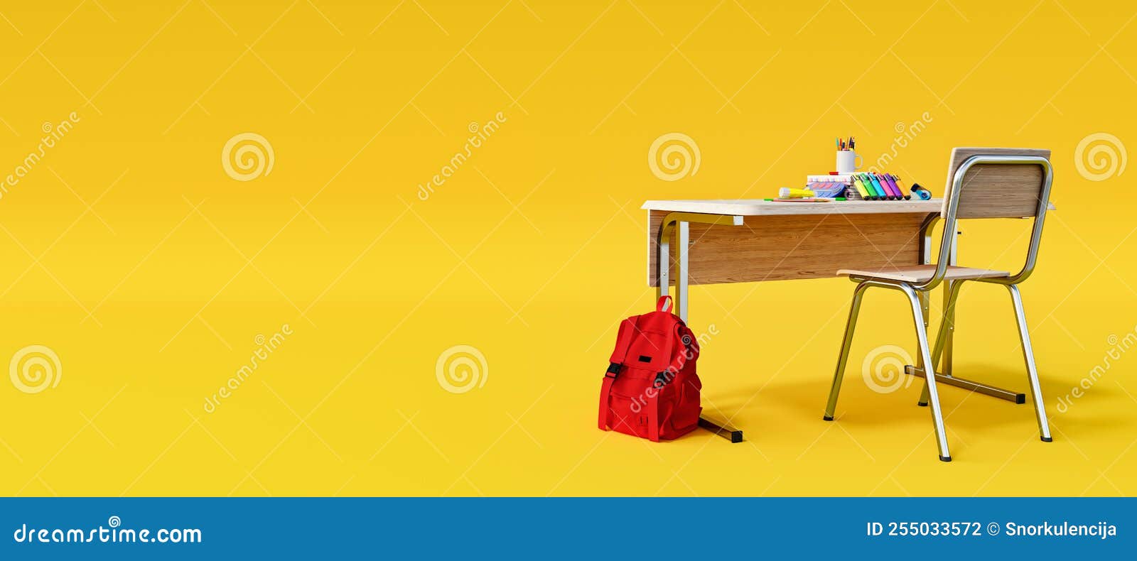 Modern School Desk with School Accessories and Red Backpack on Honey ...