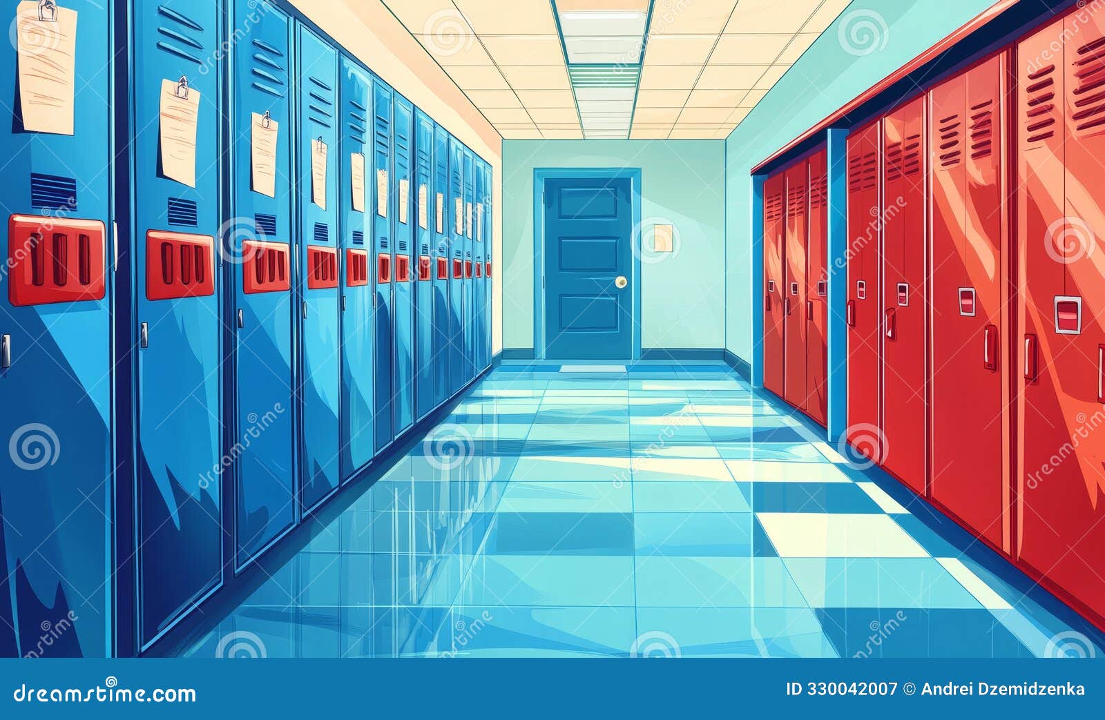 A Modern School Hallway with a Row of Red and Blue Lockers Stock Image ...