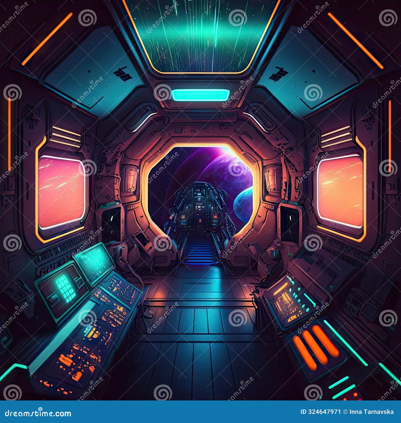 Modern Sci-fi Space Design of Spaceship Control Panel Room. Bright Colors Corridor Inside Future ...