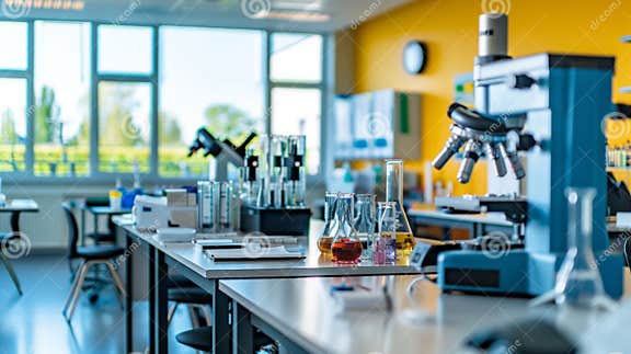 Modern Science Classroom with Lab Equipment and Bright Windows ...