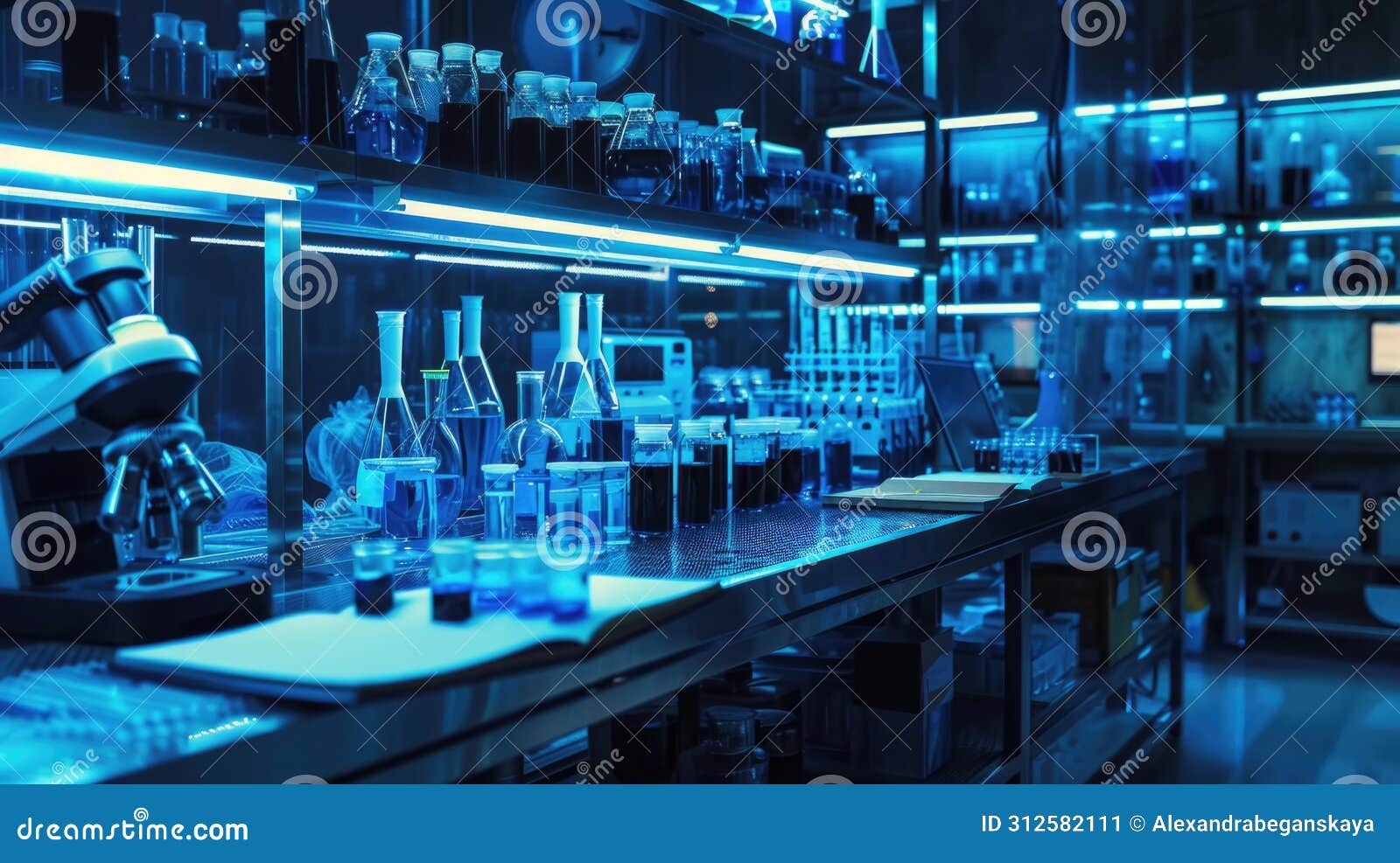 Modern Science Laboratory Interior with Blue Lighting, Featuring ...