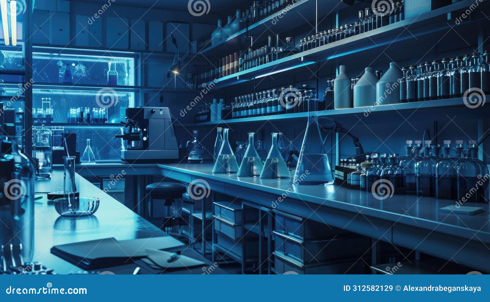 Modern Science Laboratory Interior with Blue Lighting, Featuring ...