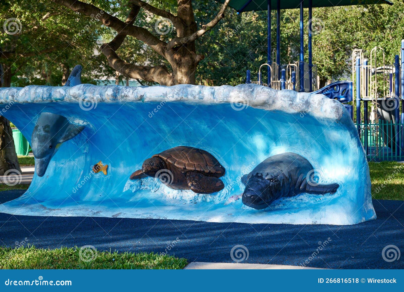 Modern Sculpture of a Wave with Sea Animals in a Park Stock Photo ...