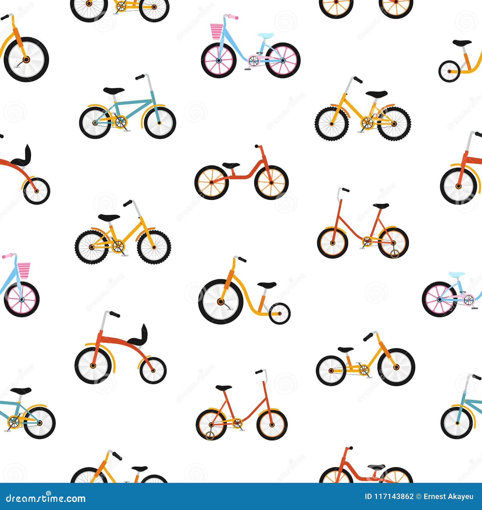 Modern Seamless Pattern with Kids Bicycles of Various Types. Colorful ...