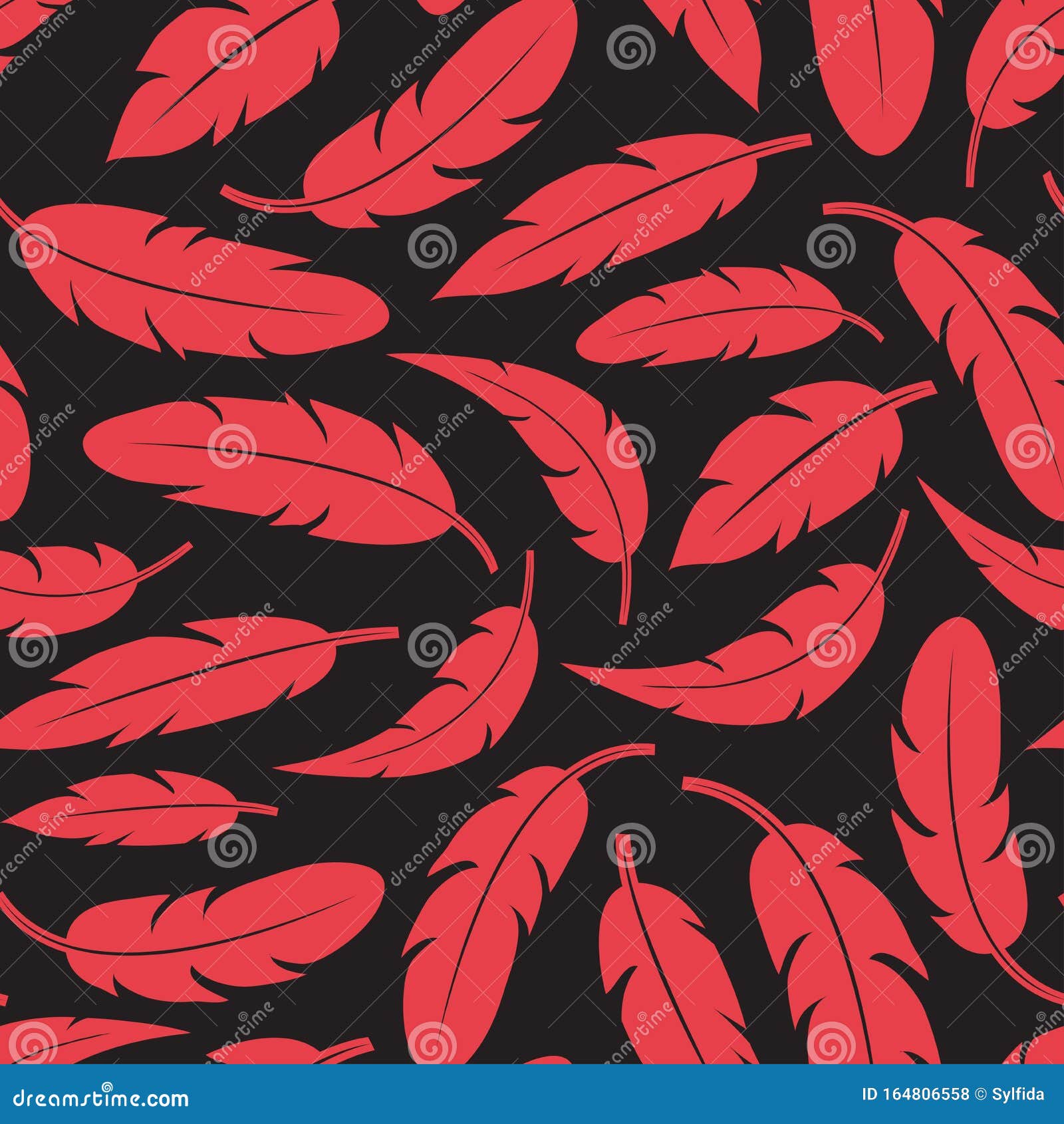 Modern Seamless Pattern with Red Feathers on Dark Background. Vector ...