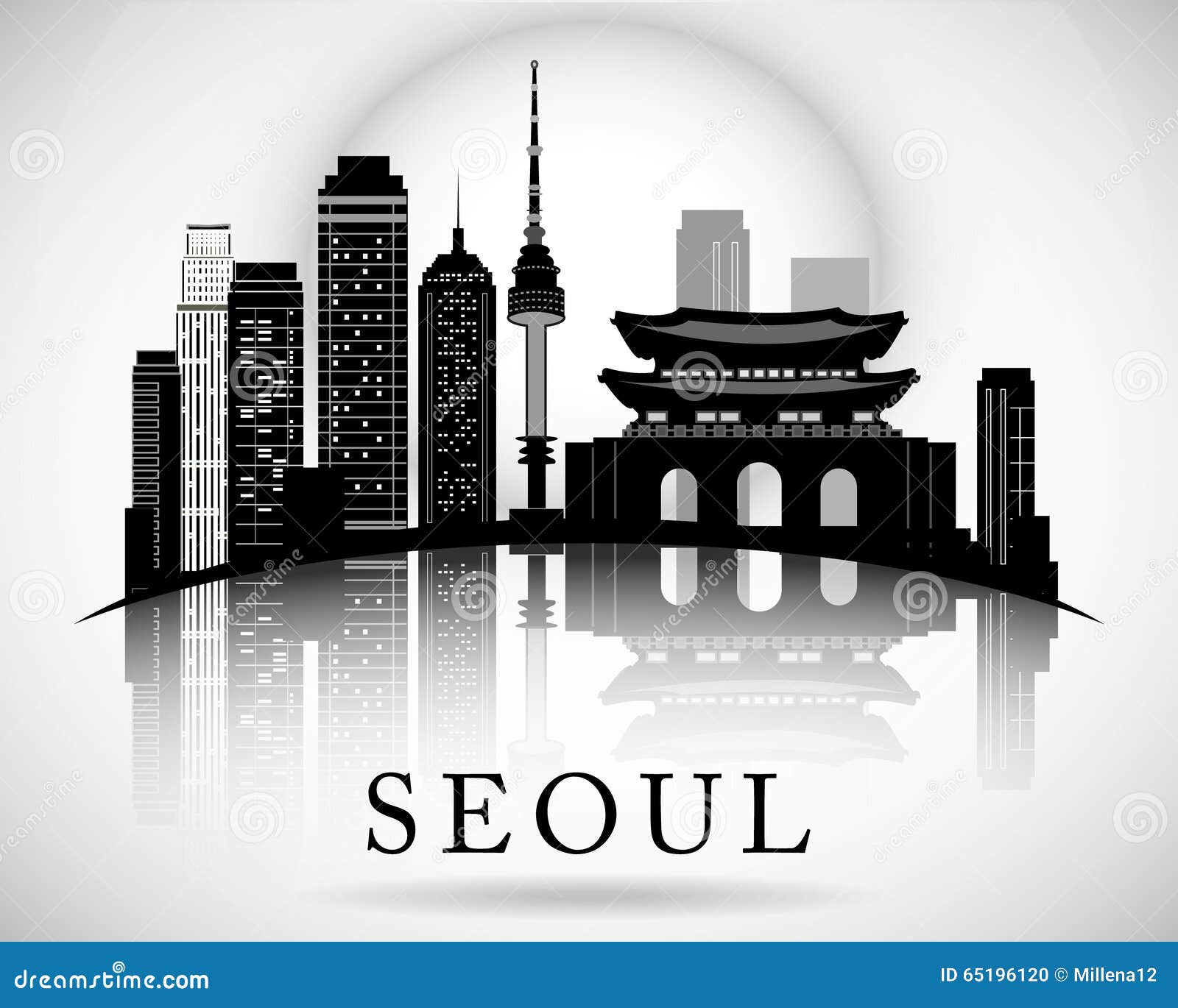 Seoul City, Line Art With Watercolor Splash Vector Illustration ...