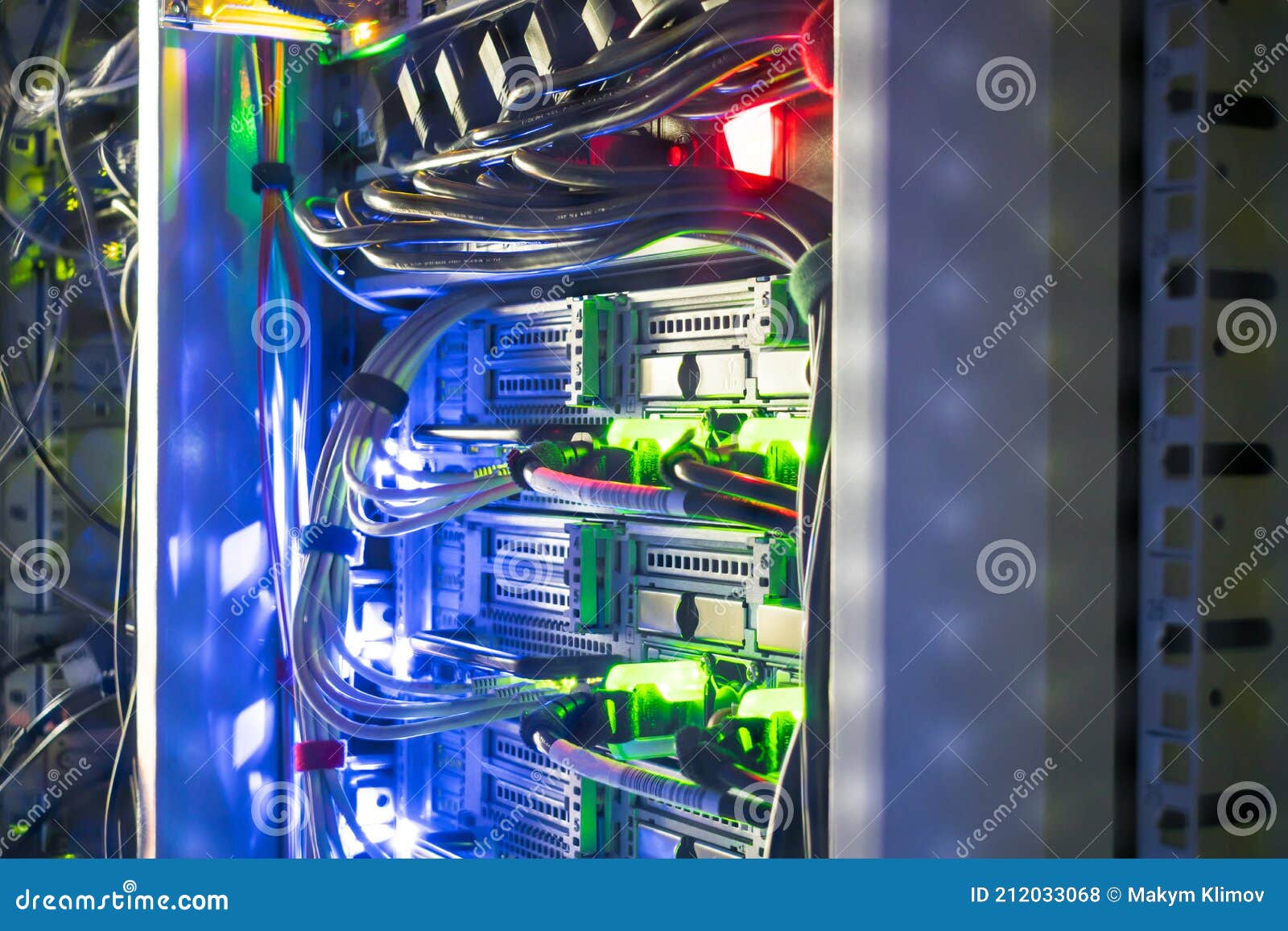 Modern Server Equipment Works in a Data Center Rack. Network Interfaces ...
