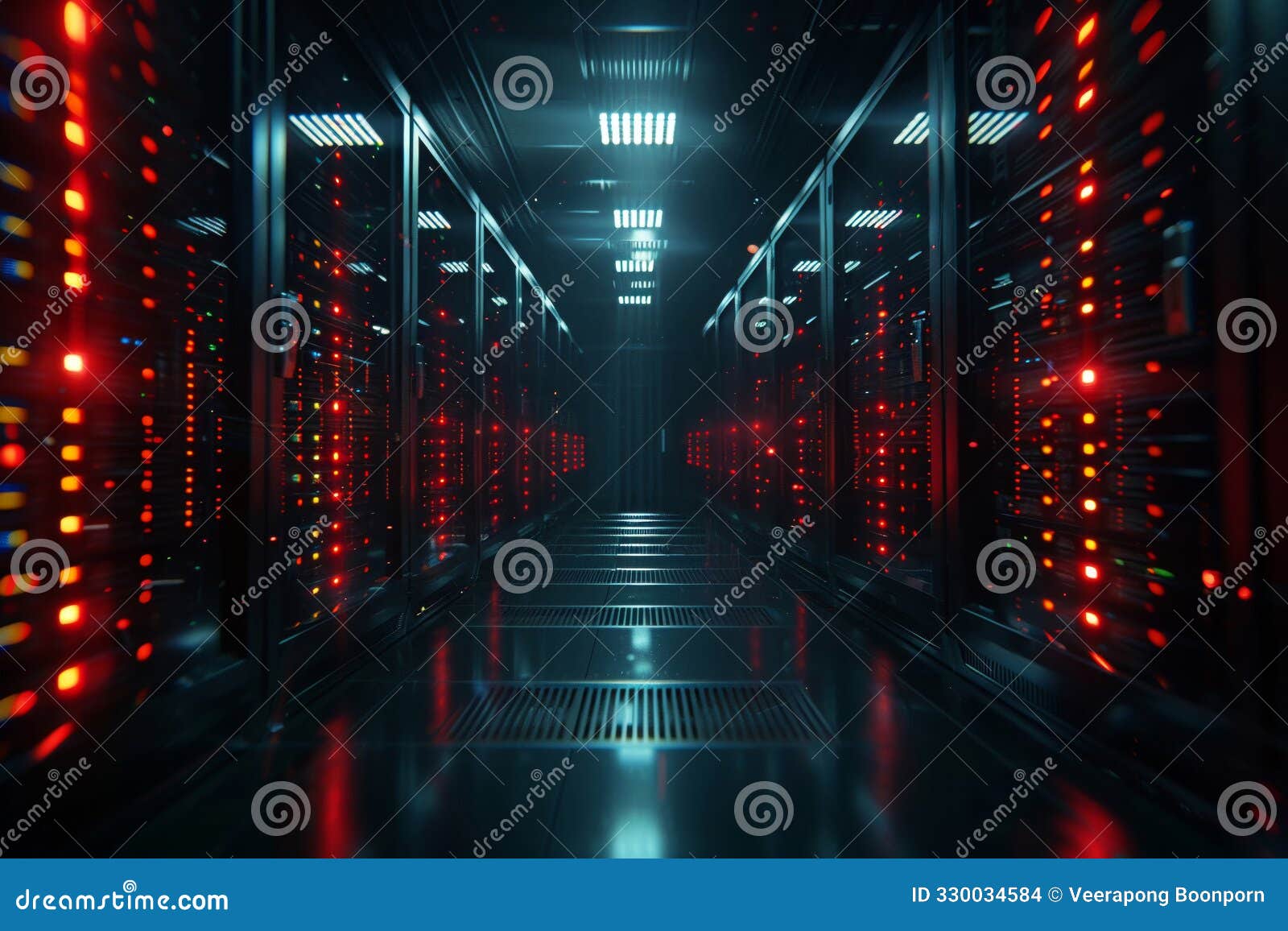 Modern Server Racks in Dark Data Center Room, Enhanced by Dramatic VFX ...