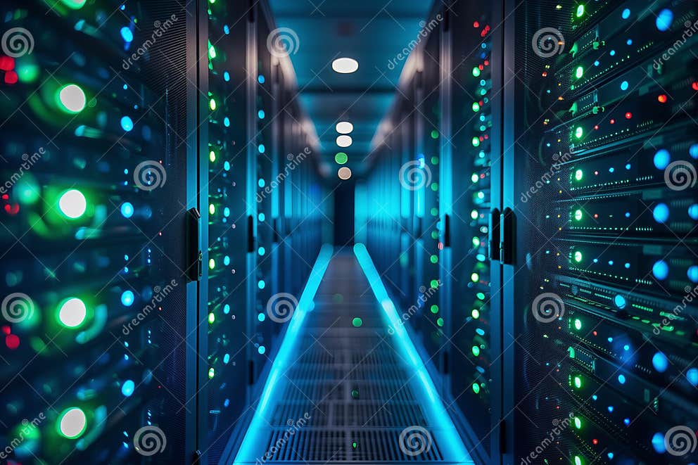 A Modern Server Room with Ambient Lighting with Hundreds of Servers in ...