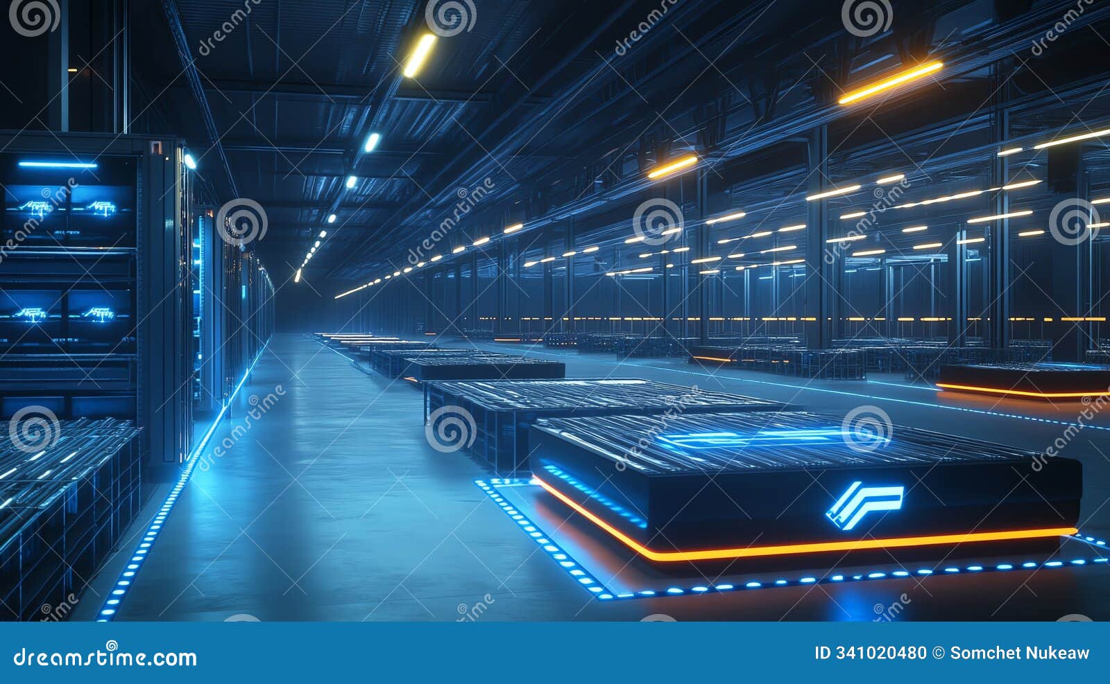 Modern Server Room with Blue and Orange Lights, Showcasing Rows of ...