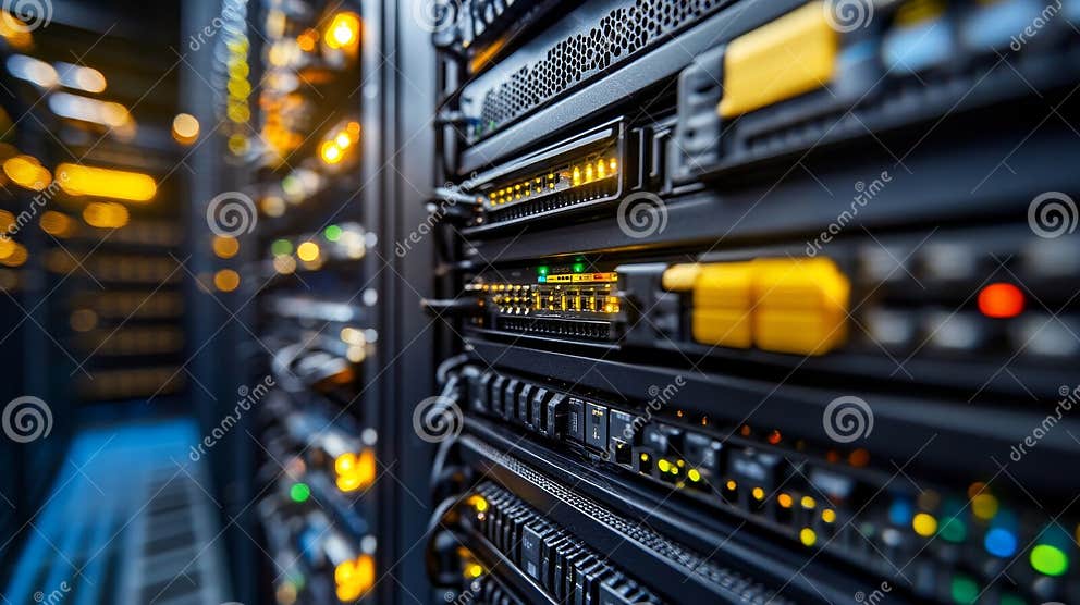 Modern Server Room Environment, Network Hardware with LED Lights ...