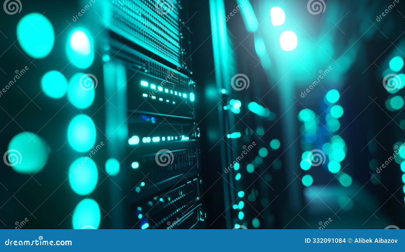 Modern Server Room with Glowing Blue Lights and High-Tech Equipment ...