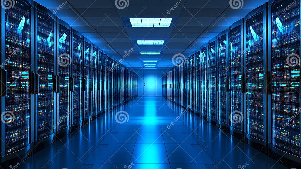 Modern Server Room with Rows of Network Equipment, Illuminated with ...