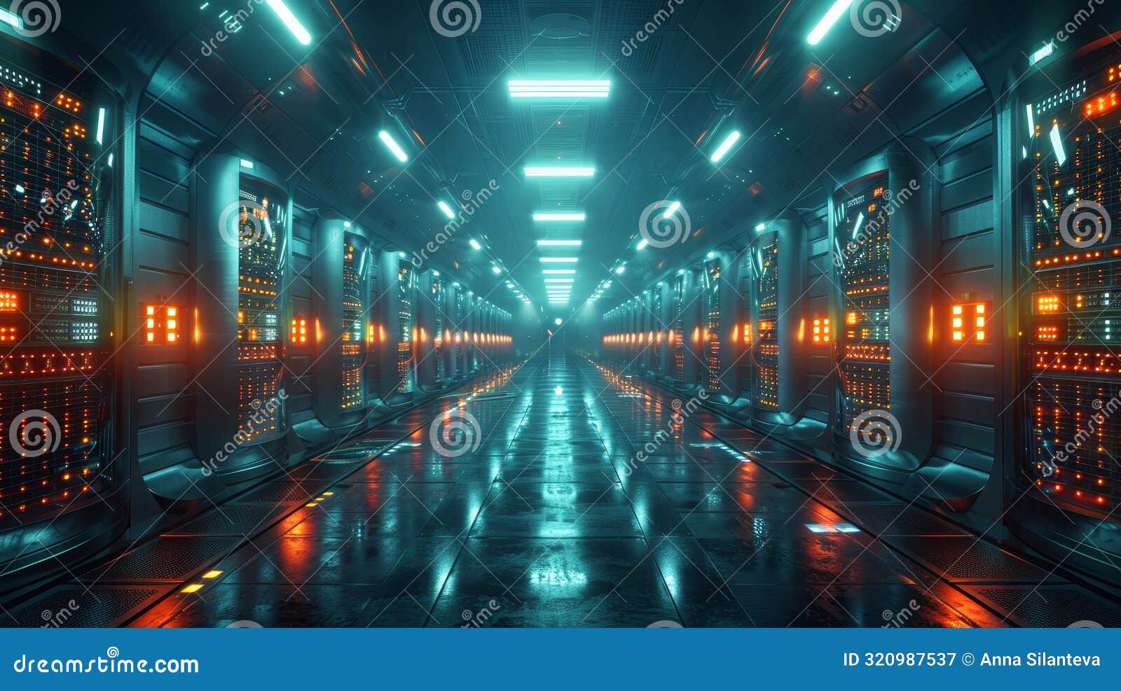 Modern Server Room with Sensors and Light Diodes for Computing Work ...