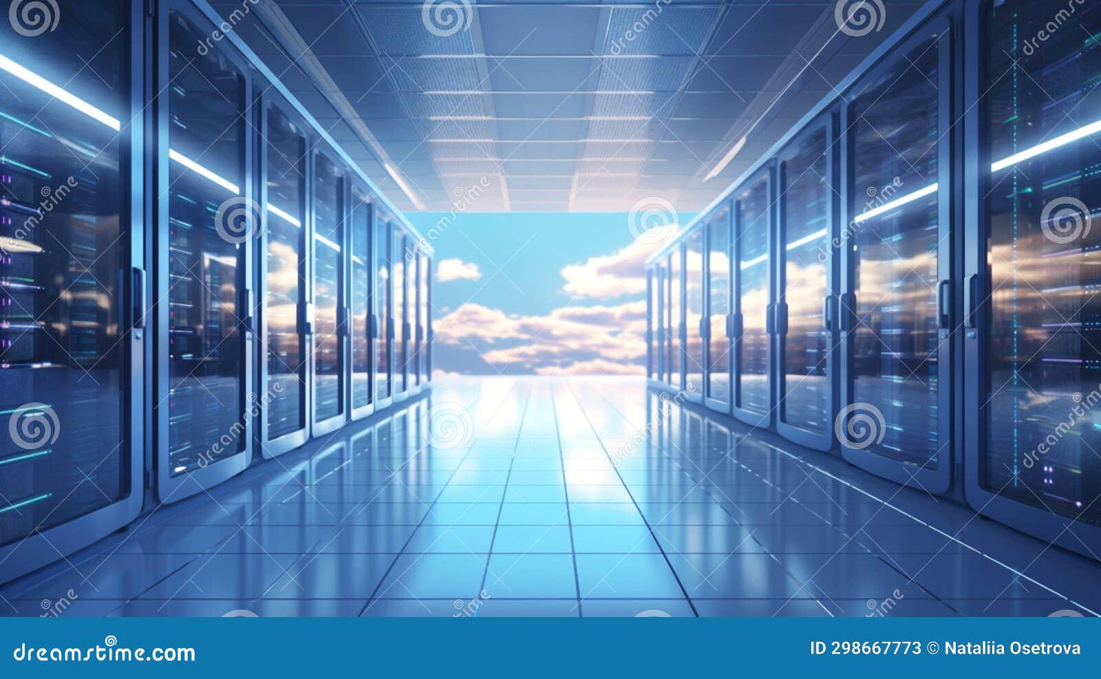 Modern Servers in a Data Center with Apps on Screens. Data Network ...