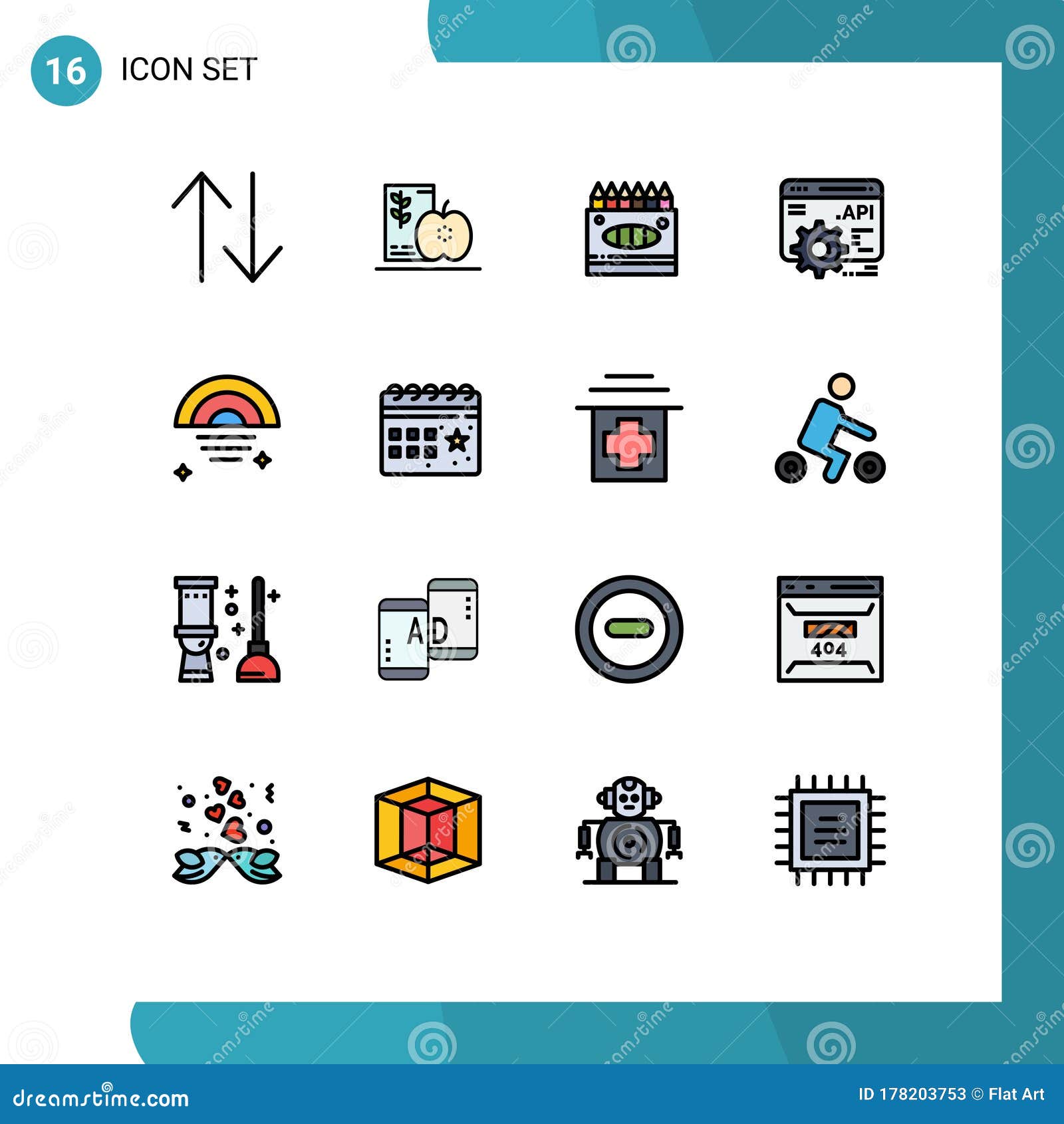 Modern Set of 16 Flat Color Filled Lines and Symbols Such As Sky ...