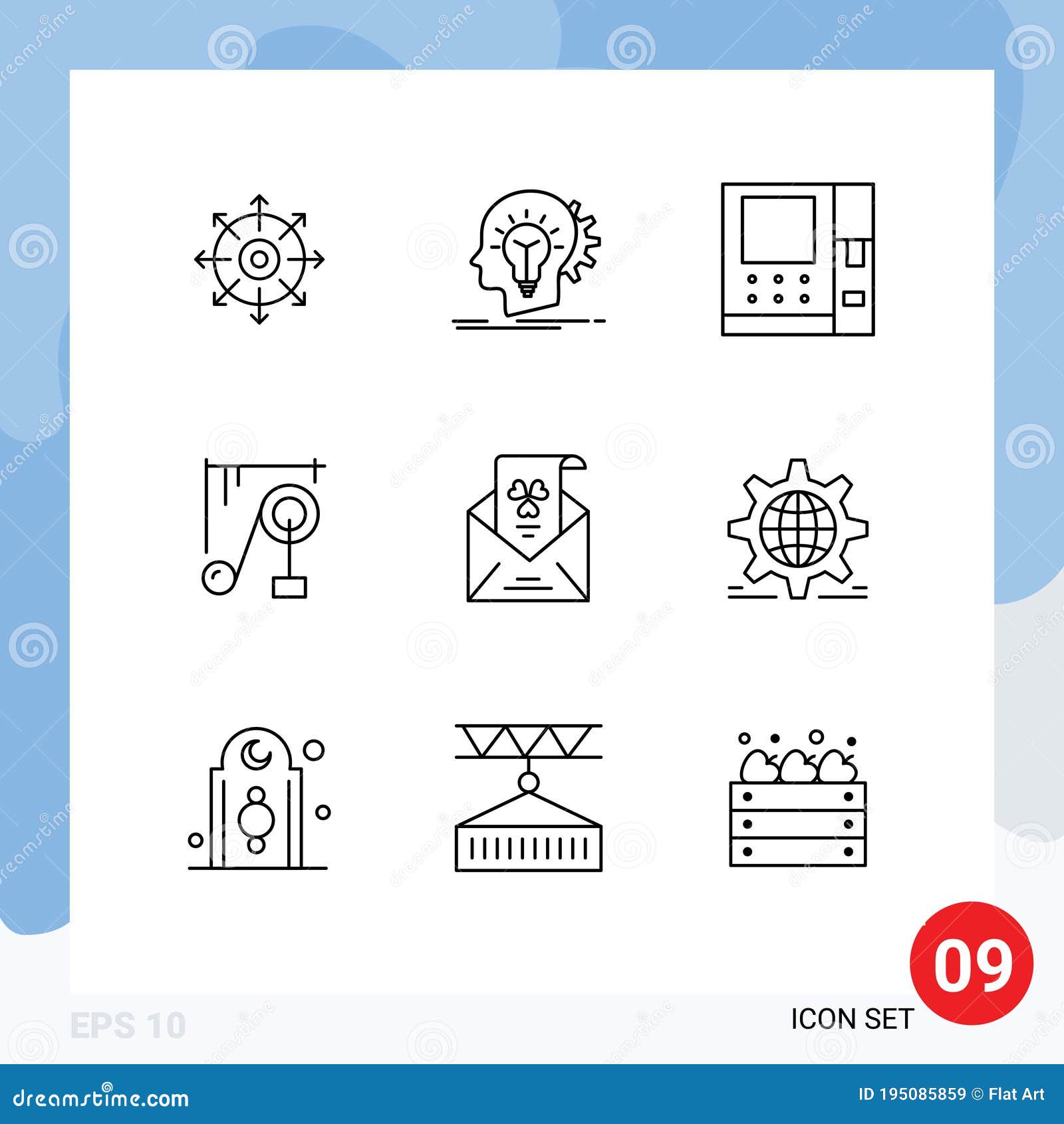 Pictogram Set of 9 Simple Outlines of Mail, Science Machine, Thinking ...
