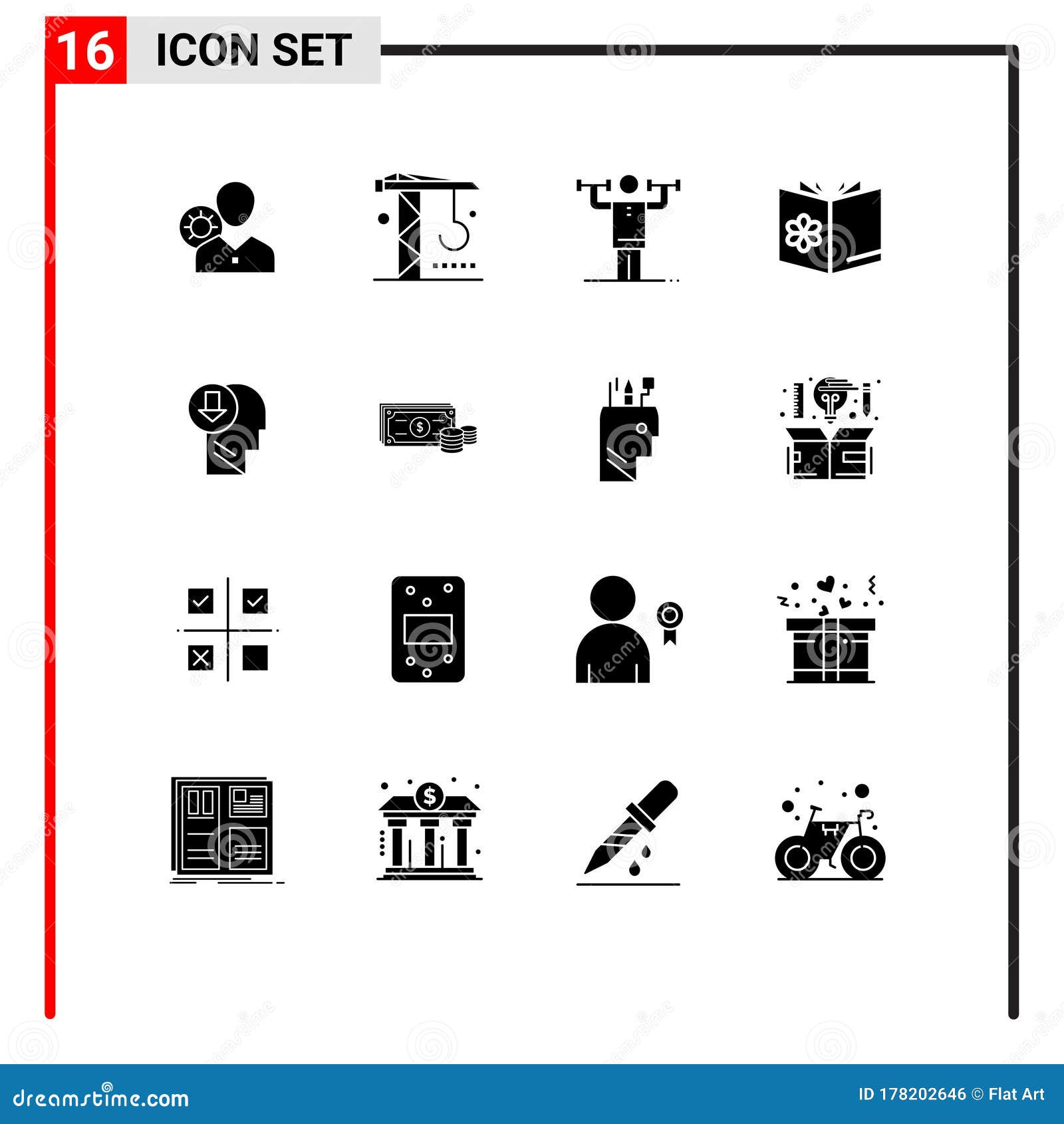 Set of 16 Vector Solid Glyphs on Grid for Bowl, Strength, Industry ...
