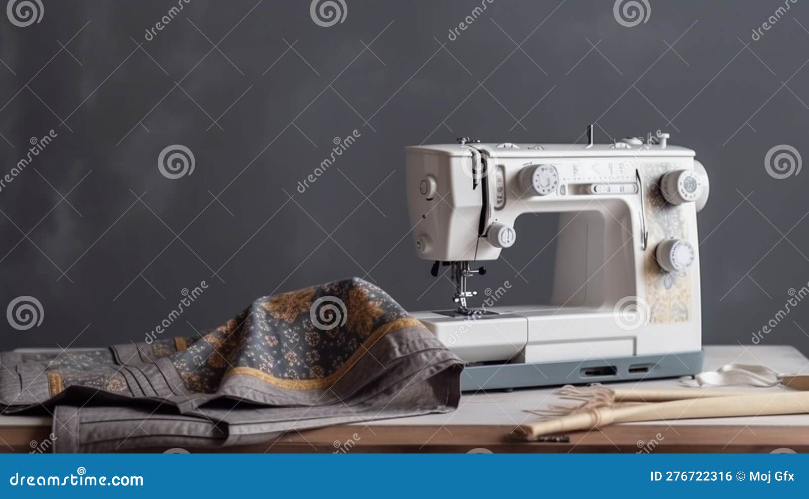 Modern Sewing Machine and Gray Fabric. Sewing Process, Handmade, Hobby ...
